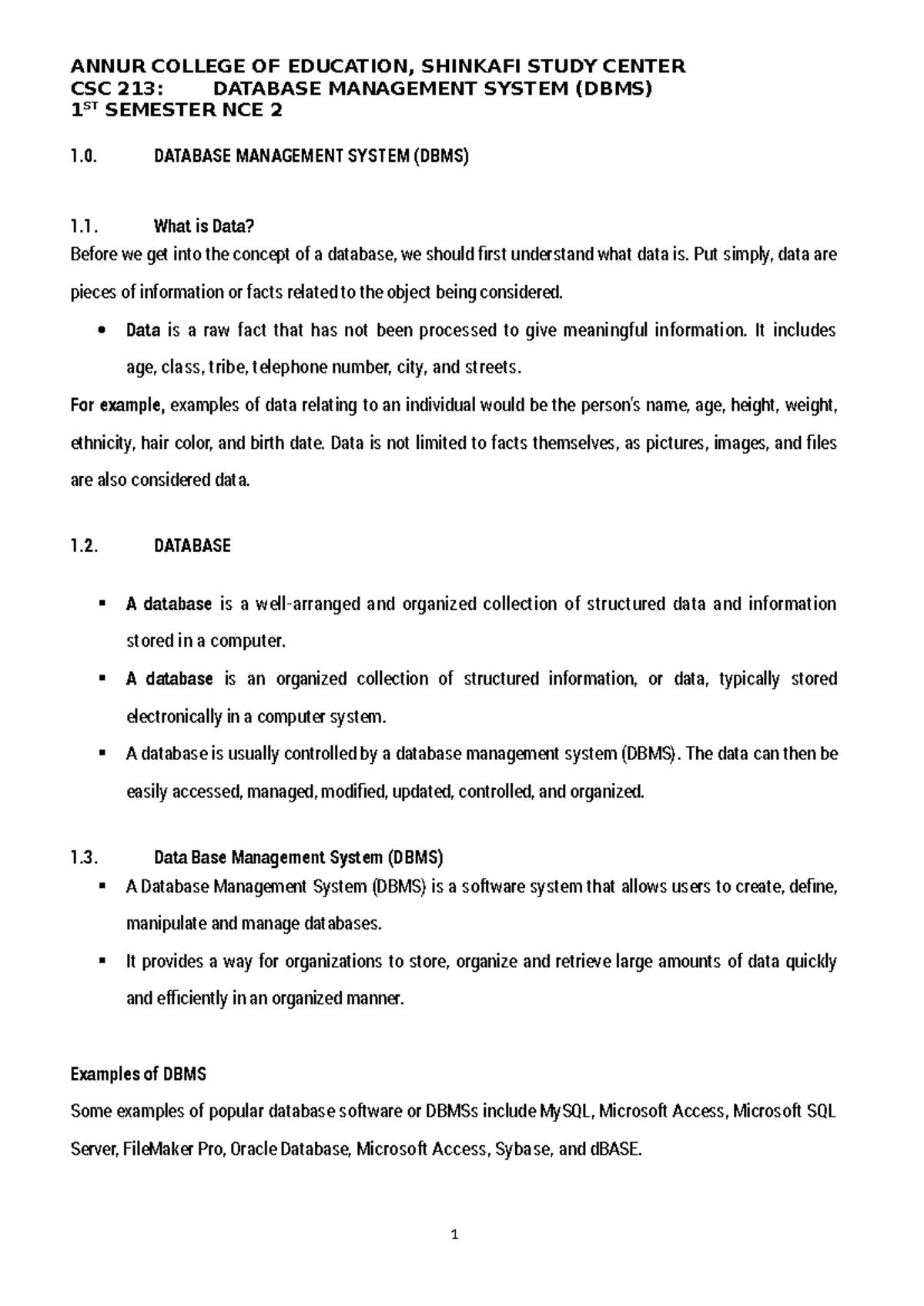 CSC 213: DBMS Lecture Notes - 1st Semester NCE 2 - Studocu