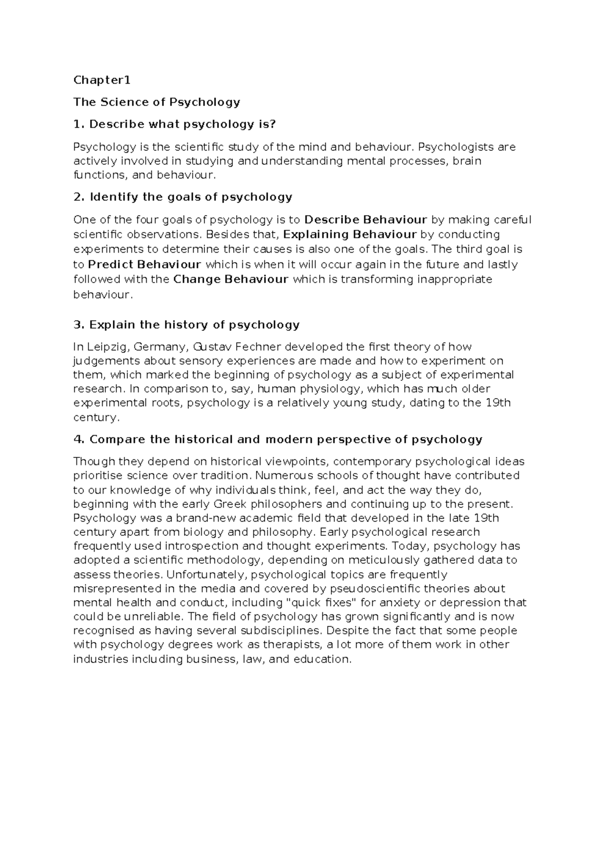 Chapter 1: Introduction to Psychology - Key Concepts and Notes - Studocu