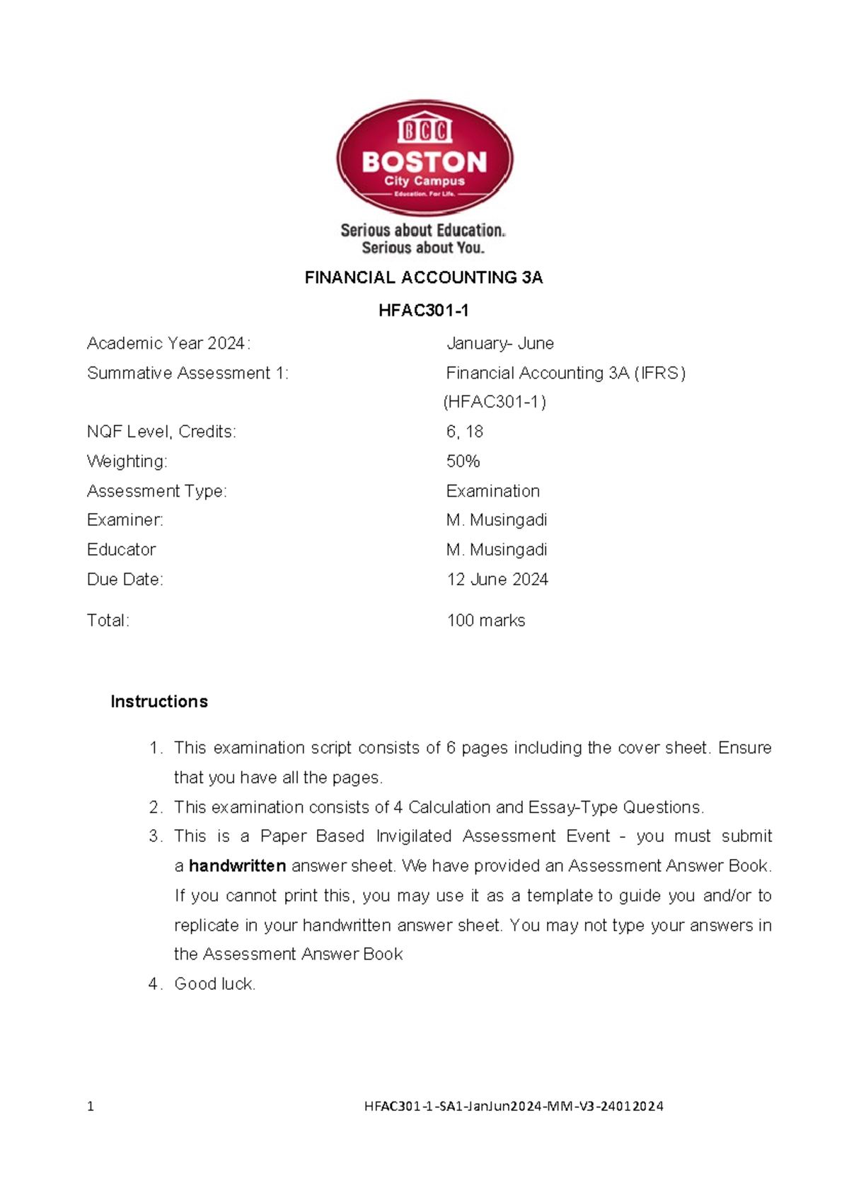 HFAC301-1 Financial Accounting 3A Summative Assessment 1 (Jan-Jun 2024 ...