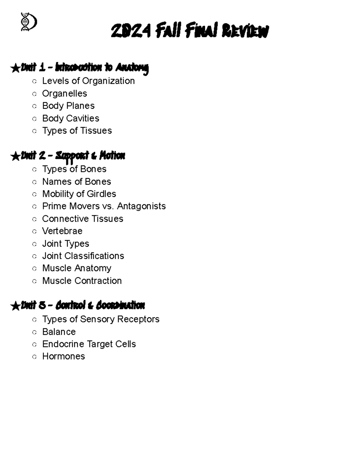 Final Review for Anatomy 2024 Fall Course: Key Concepts & Topics - 2024 Fall Final Review ★Unit ...