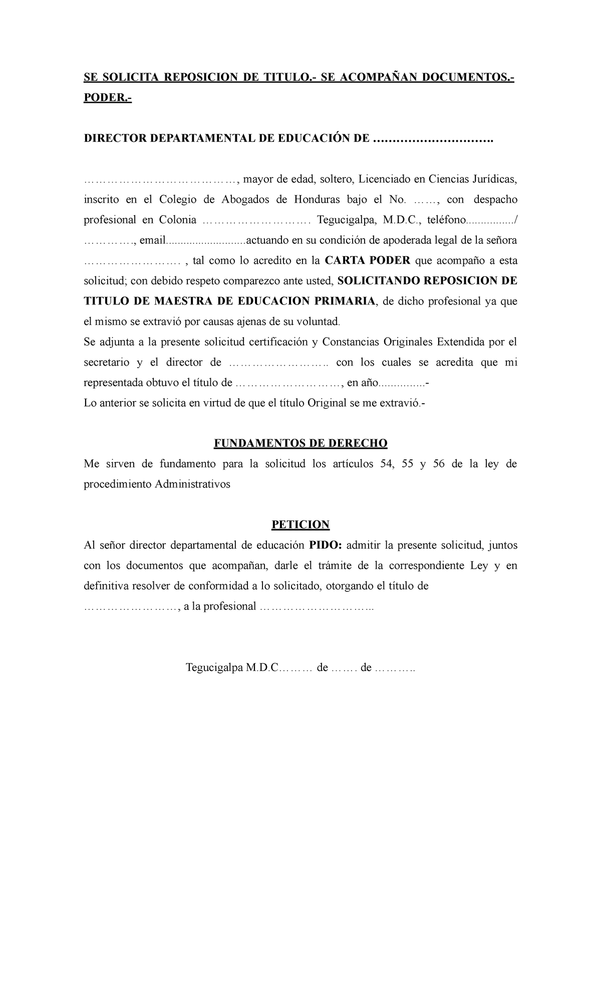 Formato Solicitud Reposicion Titulo Educacion Media Honduras - SE ...