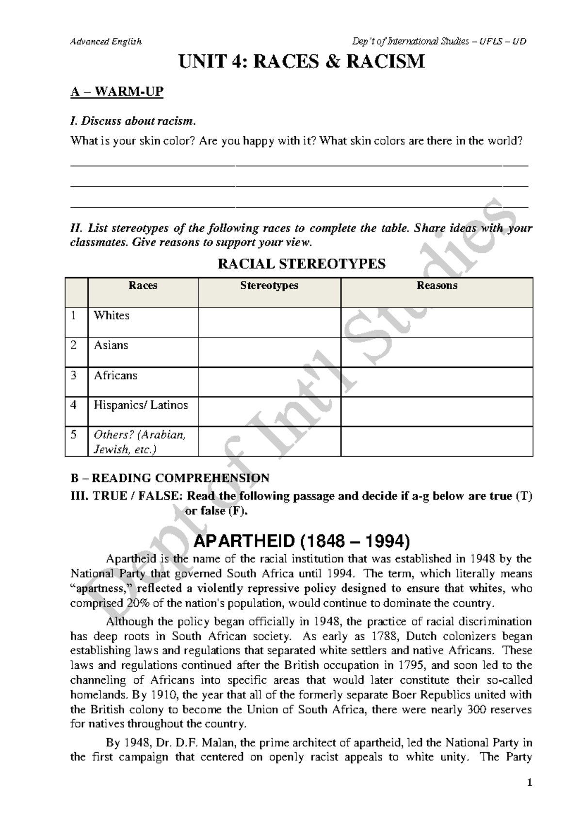 U4 Racism-FULL - key unit 4 tiếng anh chuyên ngành - UNIT 4: RACES ...