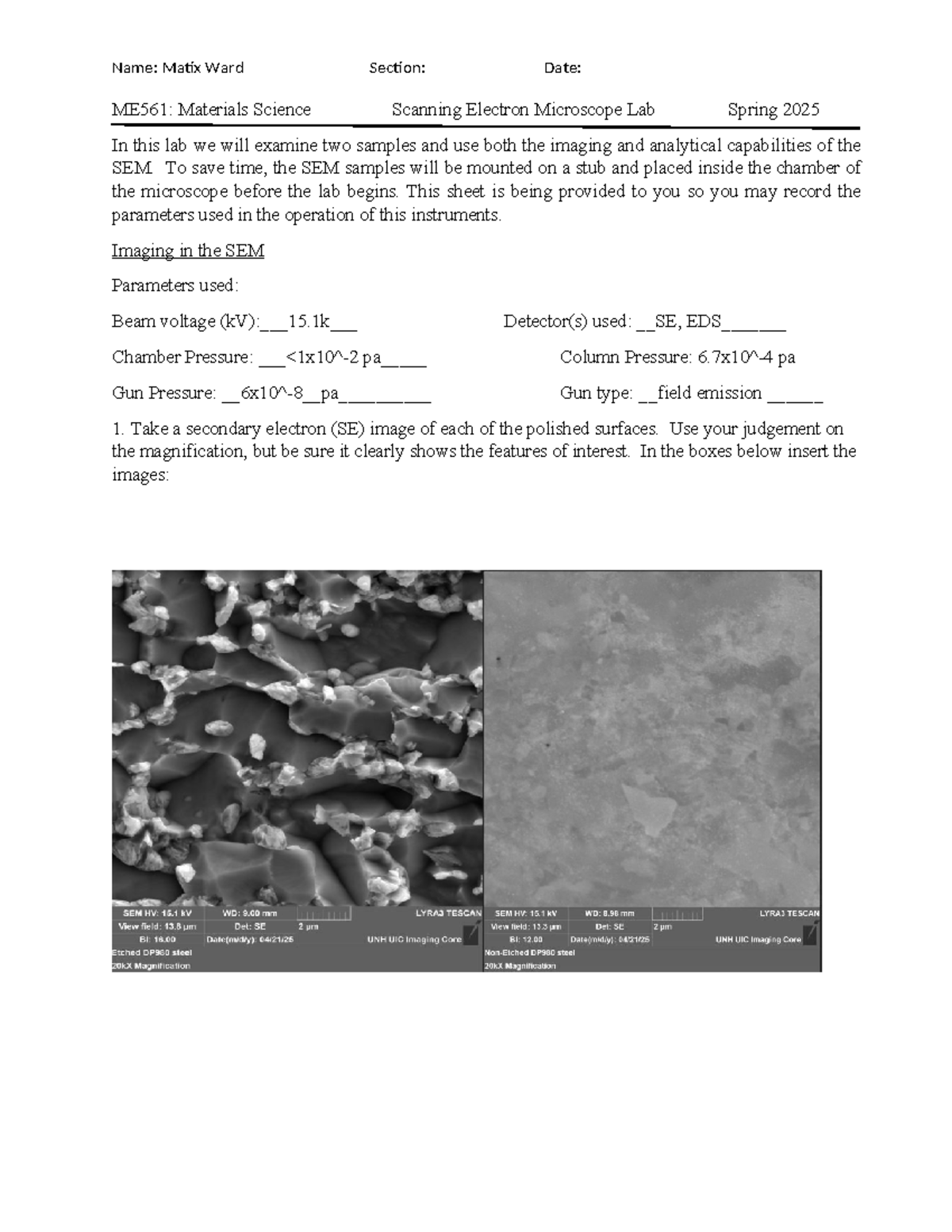 ME561: SEM Lab Report - Imaging & Analysis of Samples Spring 2025 - Studocu