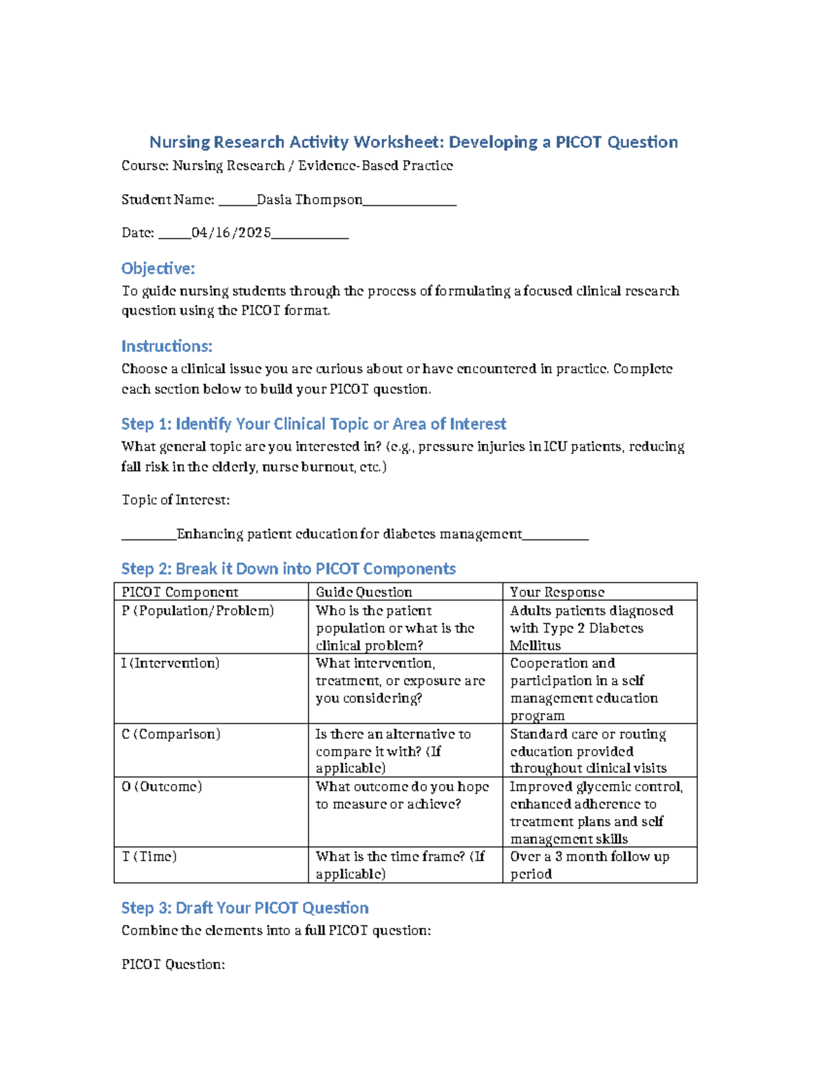 Nursing Research Practice: PICOT Question Worksheet for Diabetes Care ...