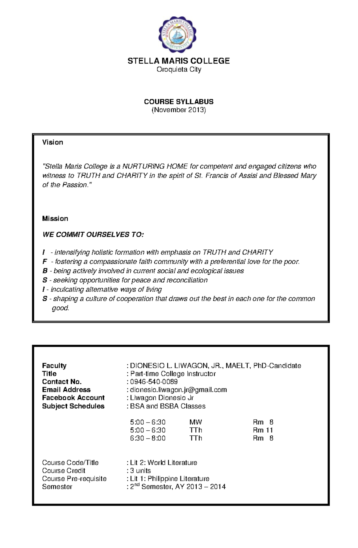 BSA 2nd Sem AY 2013-2014 Lit 2: World Literature Course Syllabus - Studocu