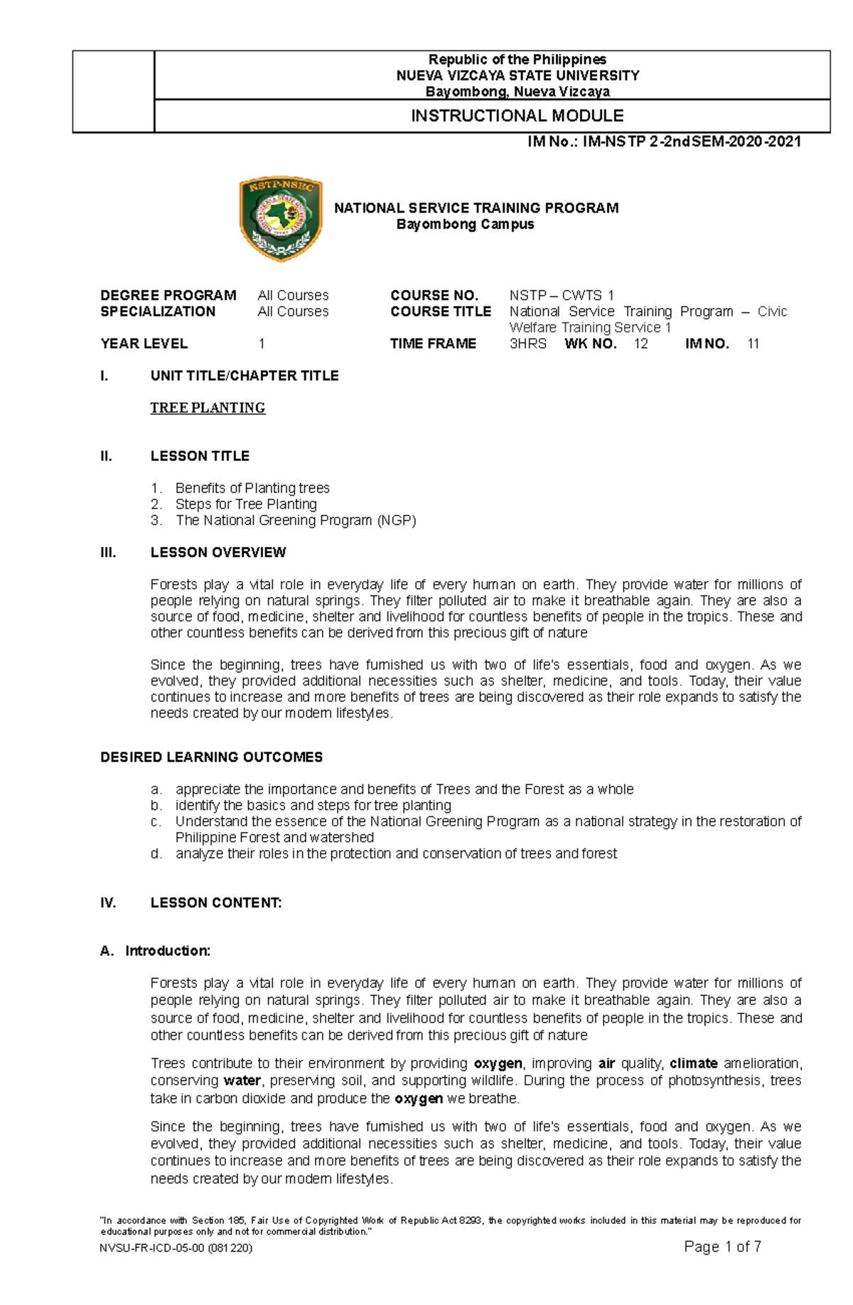 NSTP2 Module 11: Tree Planting Benefits and Steps Overview - Studocu
