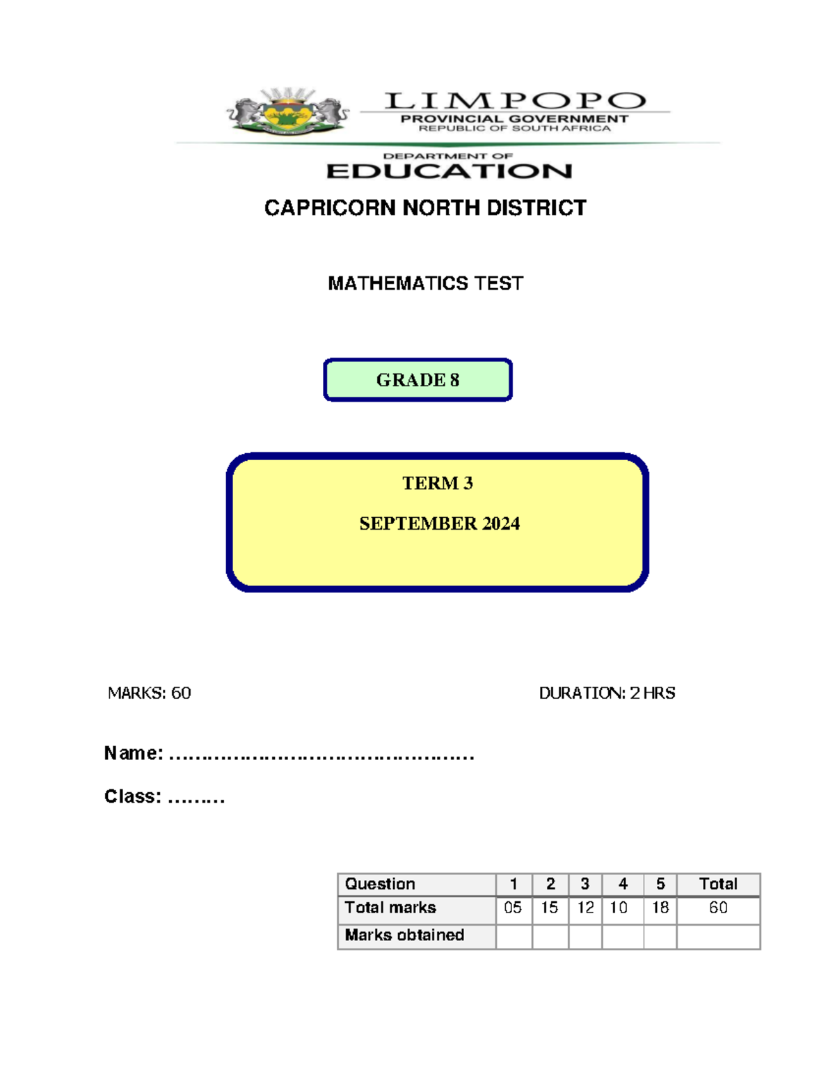 2024 T3 Grade 8 Mathematics Test: September Exam Paper - Studocu