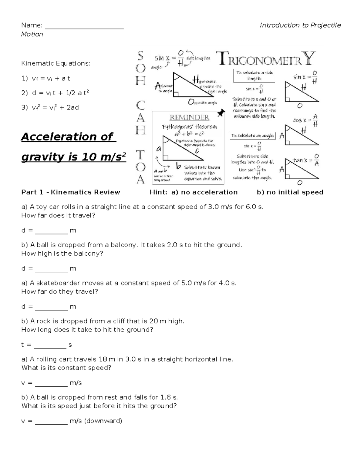 Intro to Projectile Motion: Kinematic Equations & Examples - Studocu