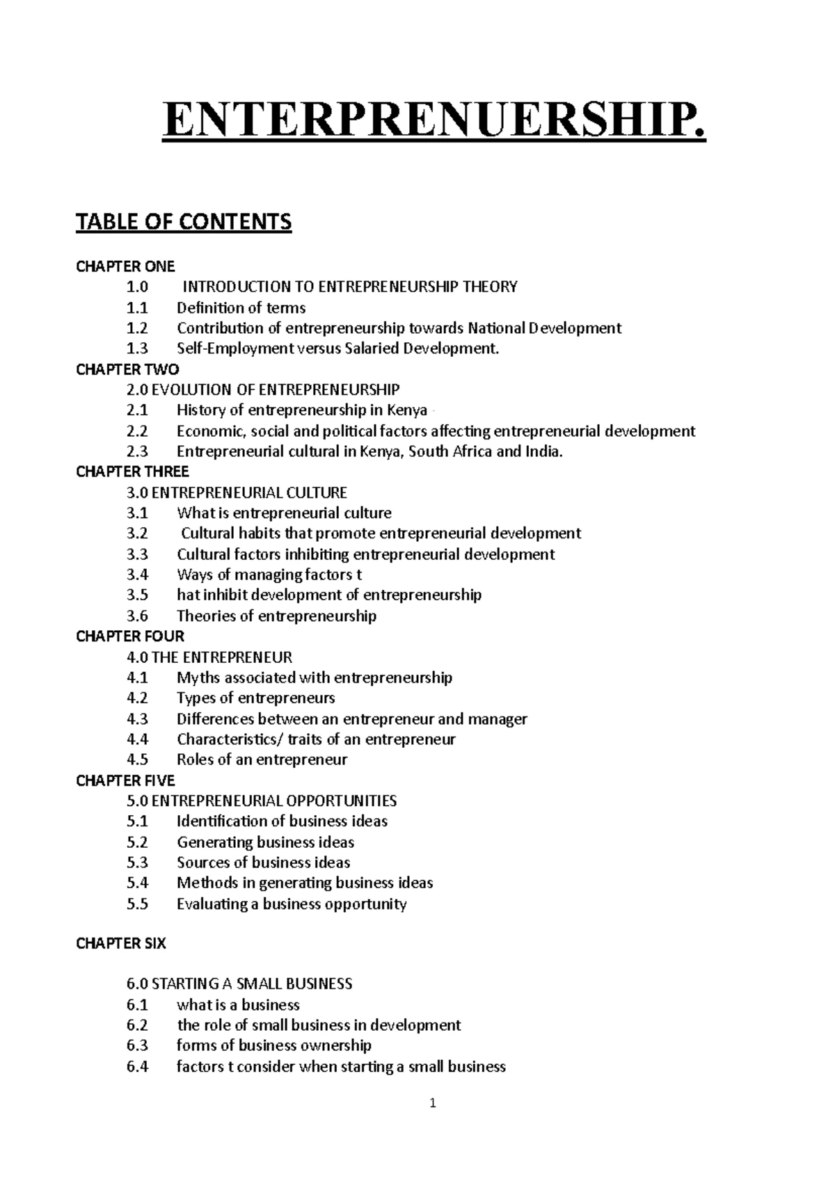 Entrepreneurship Notes - ENTERPRENUERSHIP. TABLE OF CONTENTS CHAPTER ...