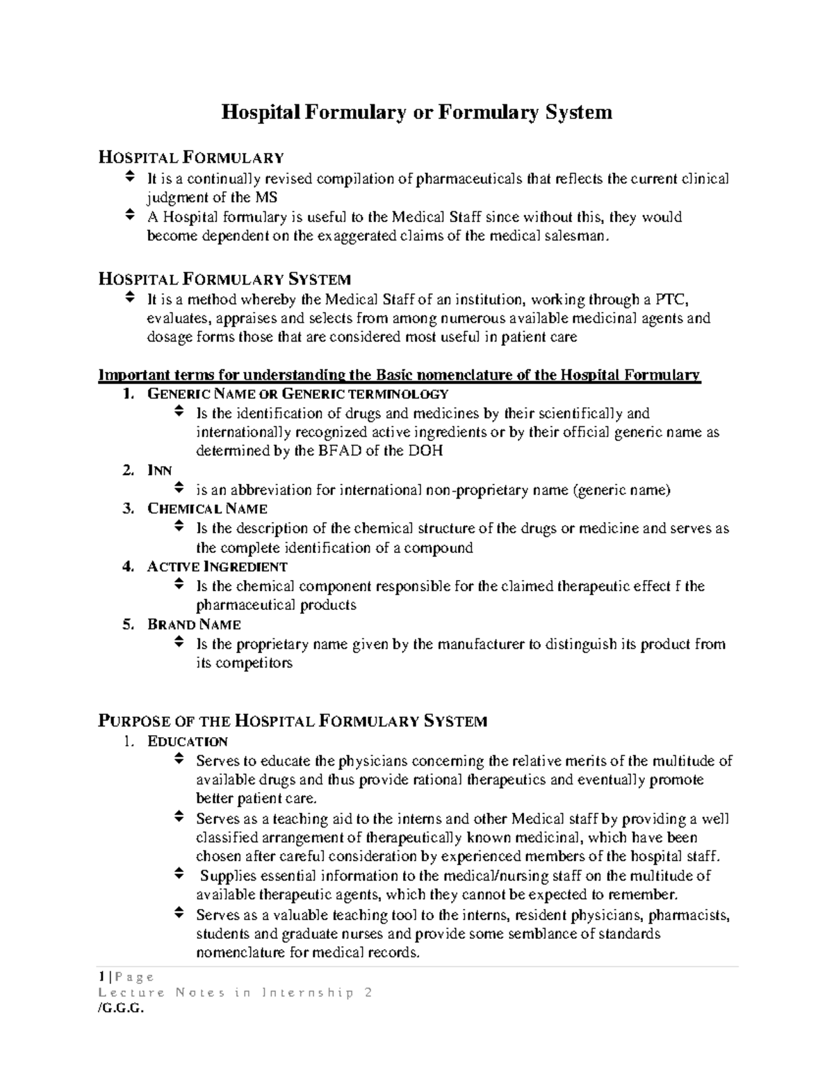 Lecture Notes on Hospital Formulary System (Internship 2) - Studocu