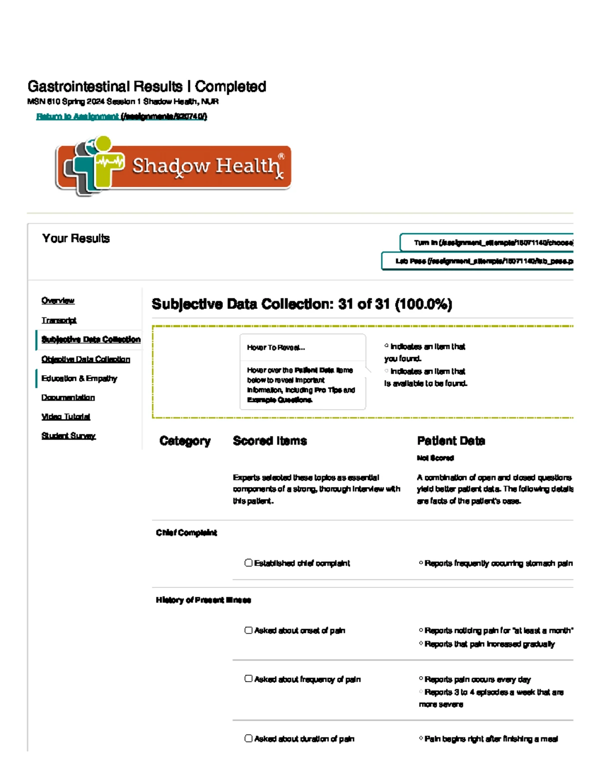 Shadow Health Health History Results for TIna Jones - MSN 610 Spring ...