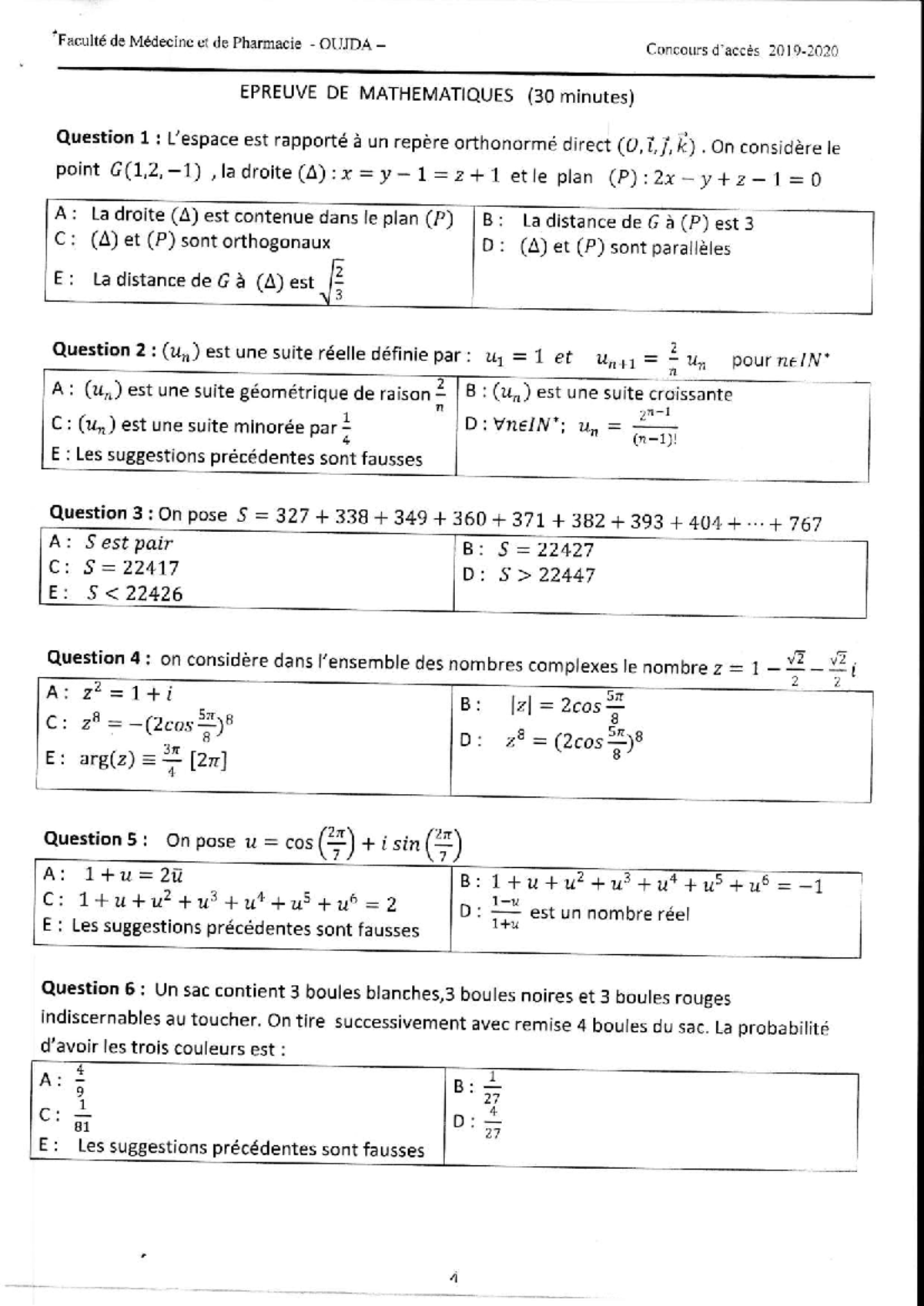 Ouajda 2019 - Concours Médecine : Épreuve de Mathématiques - Studocu