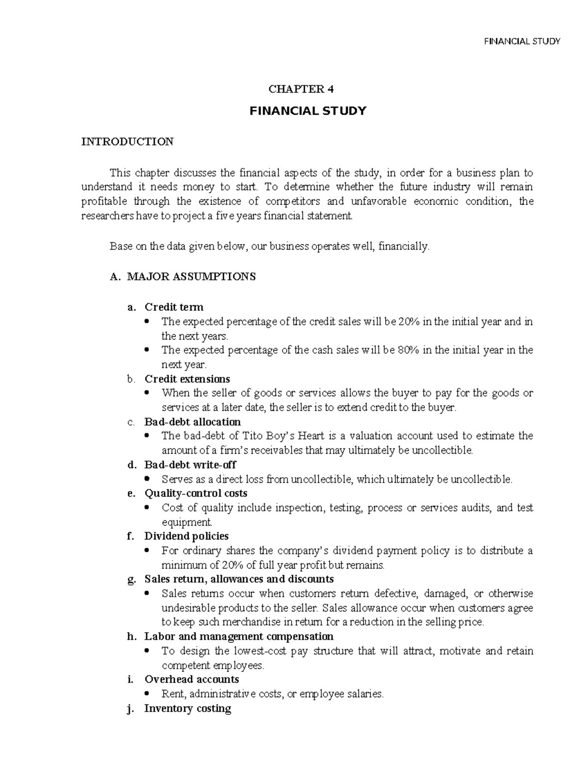 Chapter 4 - Financial Study: Key Assumptions & Analysis (FIN 101) - Studocu
