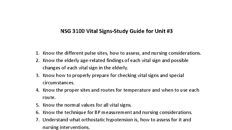 NSG 3100 Study Guide: Vital Signs Assessment & Nursing Considerations ...