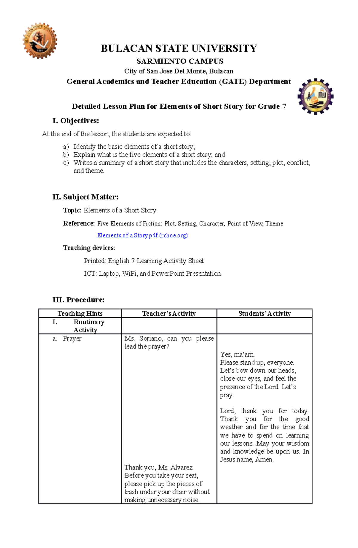 Detailed Lesson Plan for Elements of Short Story (GATE) - Grade 7 - Studocu