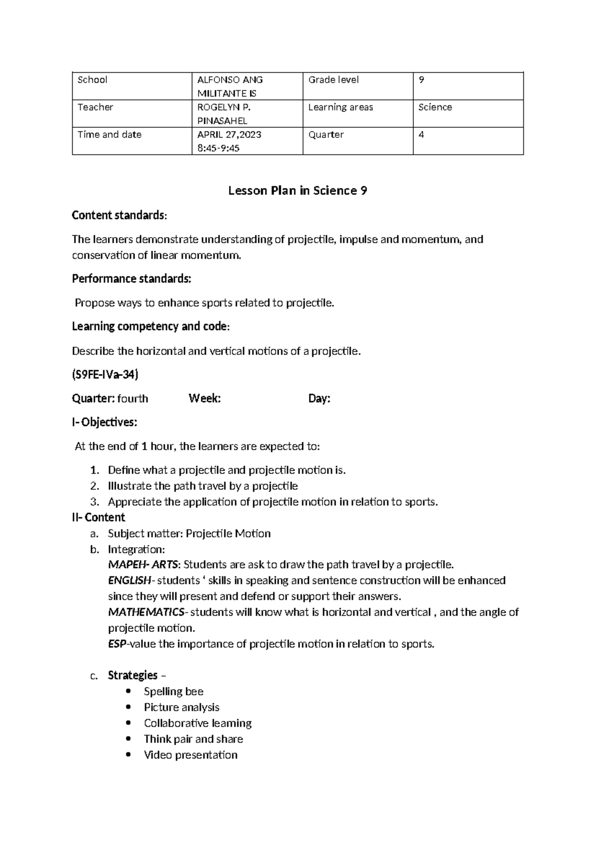 Science 9 Q4 Lesson Plan: Understanding Projectile Motion - Studocu
