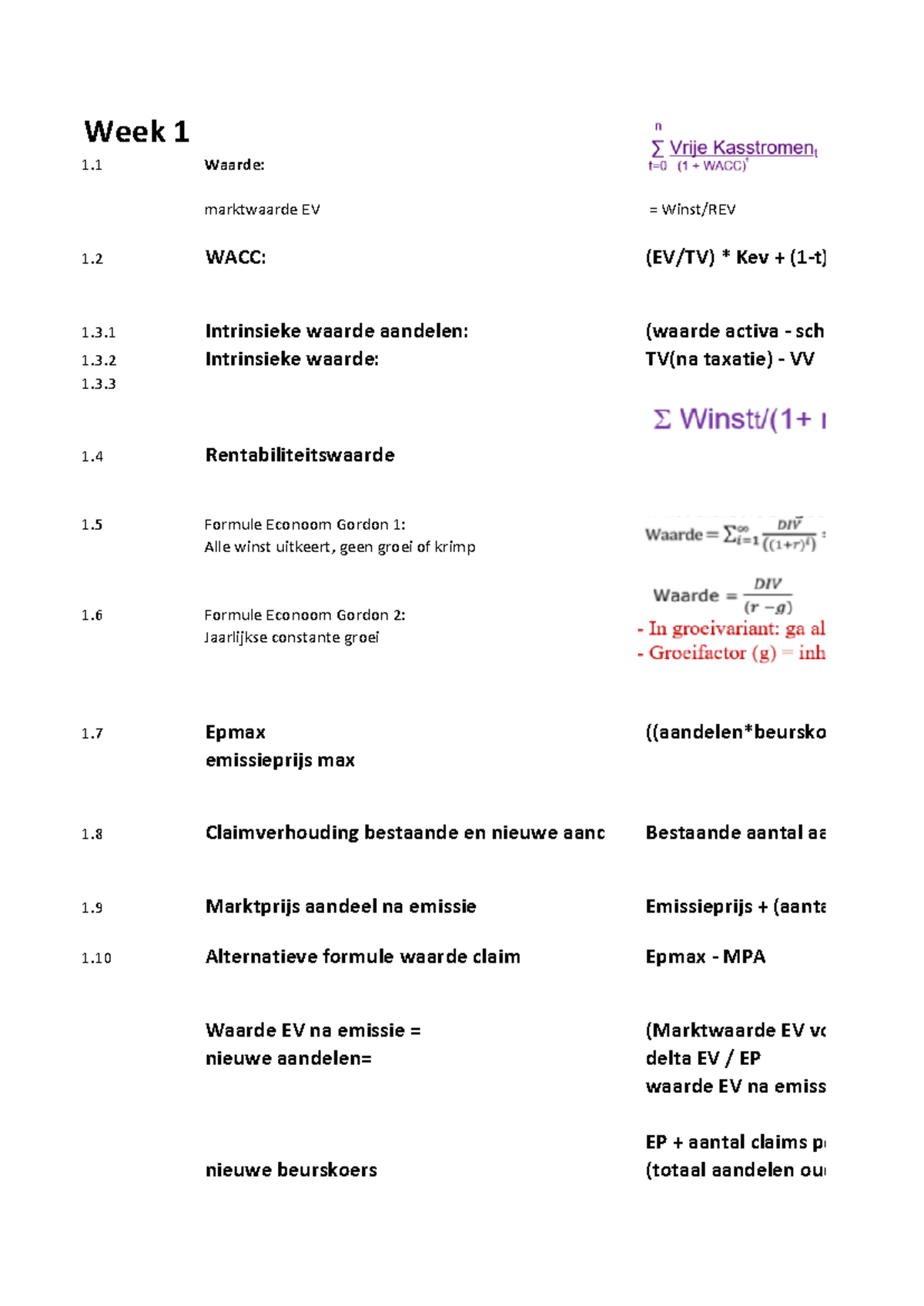 Formules Financiering Periode 5.2 - Fontys Week 1 t/m 5 - Studeersnel