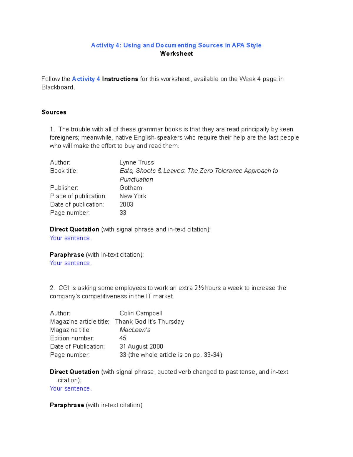 Activity 4 Using and Documenting Sources in APA Style - Sources The ...