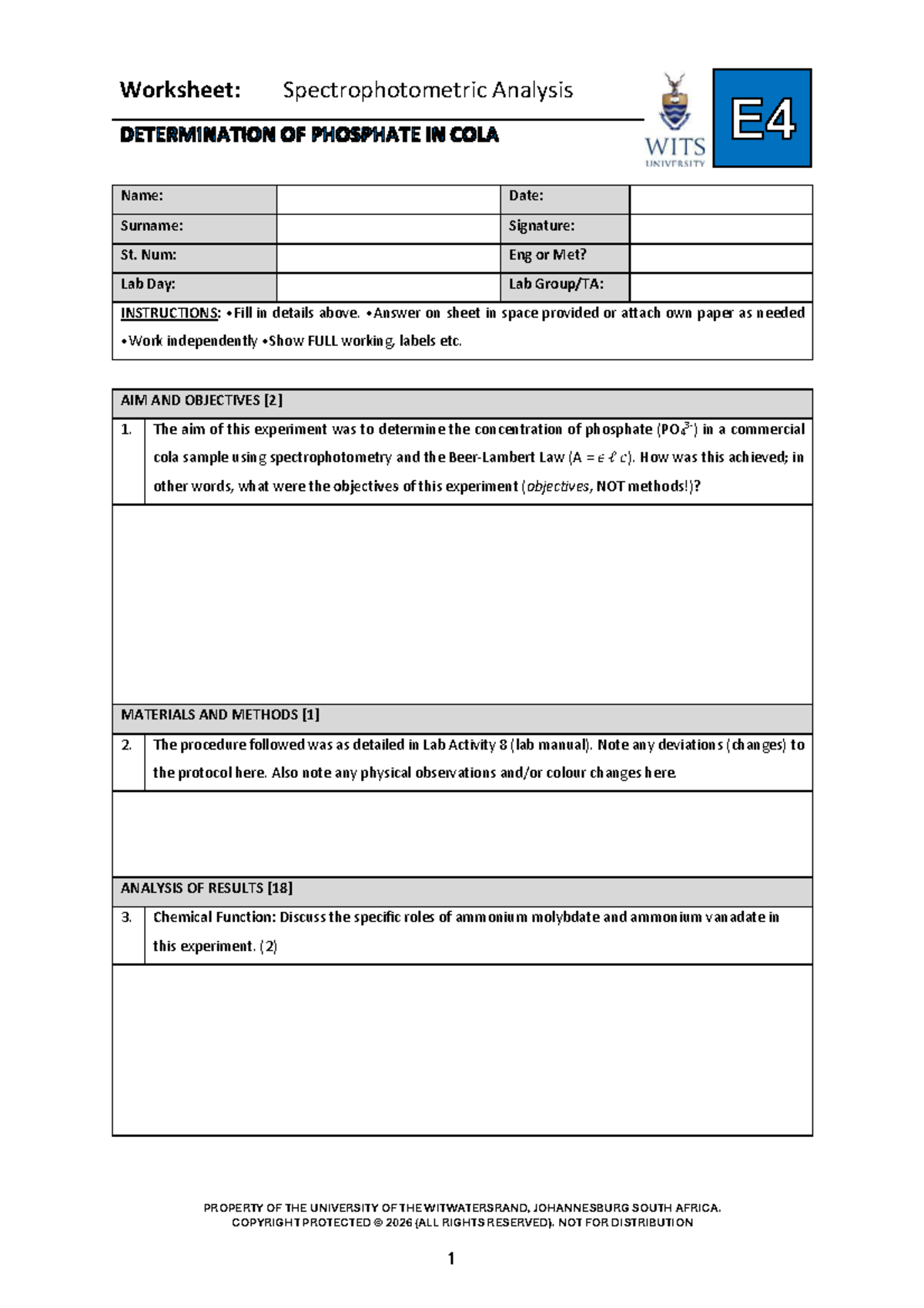 Lab Activity 8: Spectrophotometric Analysis of Phosphate in Cola ...