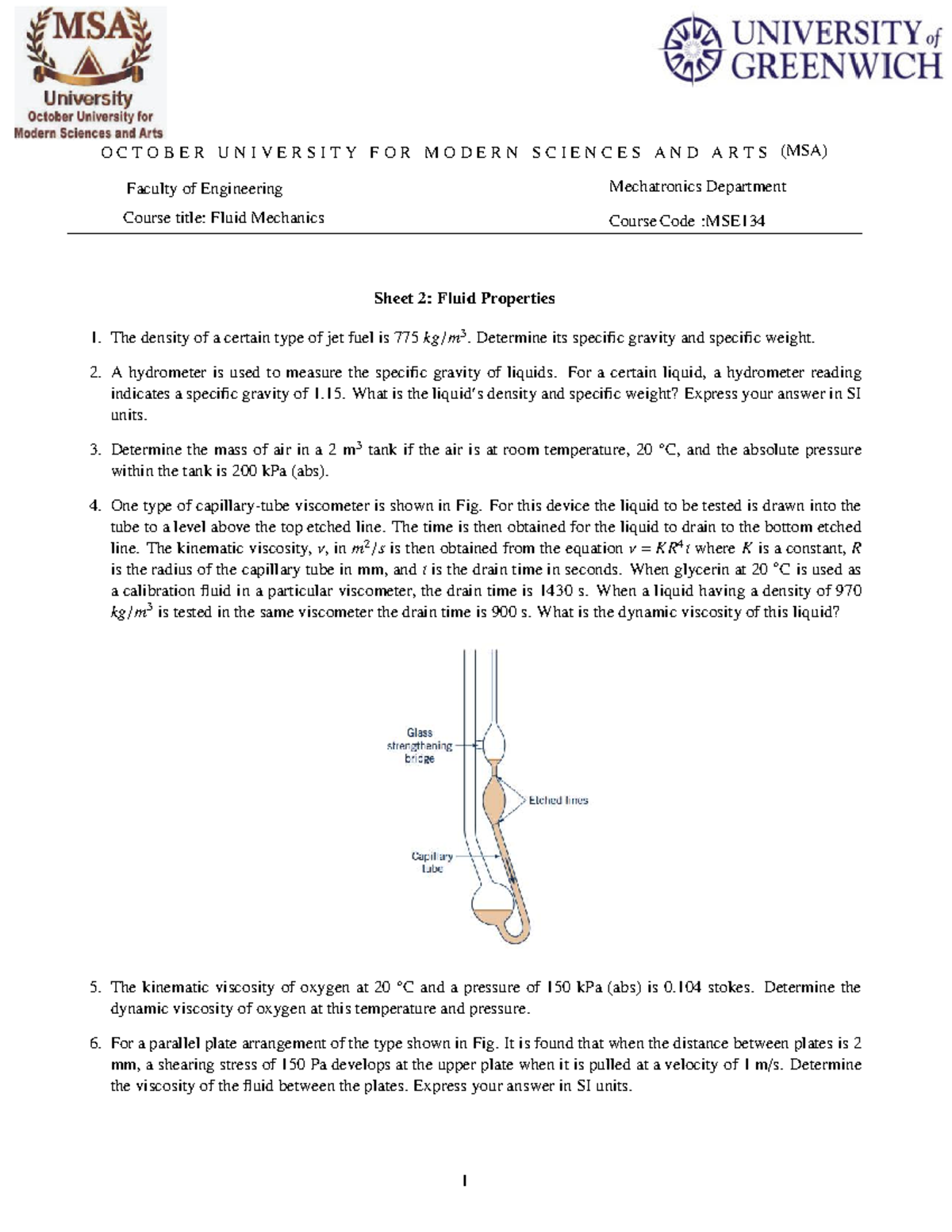 MSE134 Fluid Mechanics Sheet 2: Fluid Properties & Calculations - Studocu
