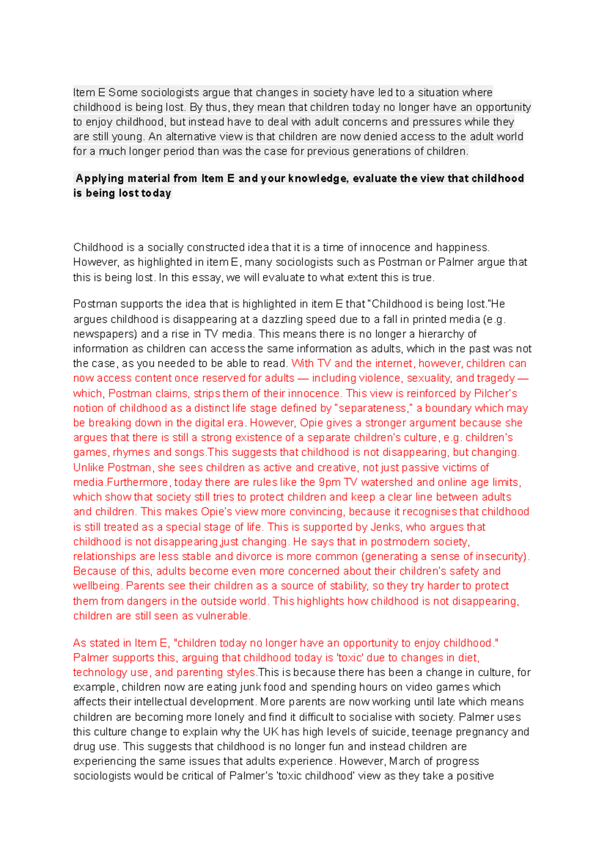 A Level Sociology: Evaluating the Loss of Childhood Today - Studocu