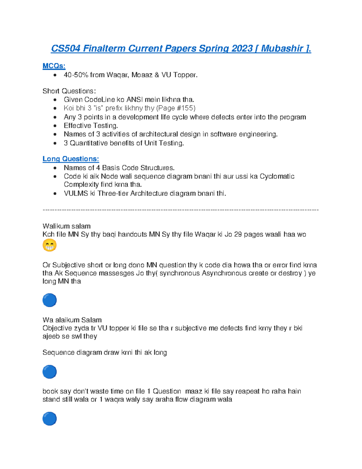 CS504 Final Exam Current Papers Spring 2023: MCQs & Short Questions ...