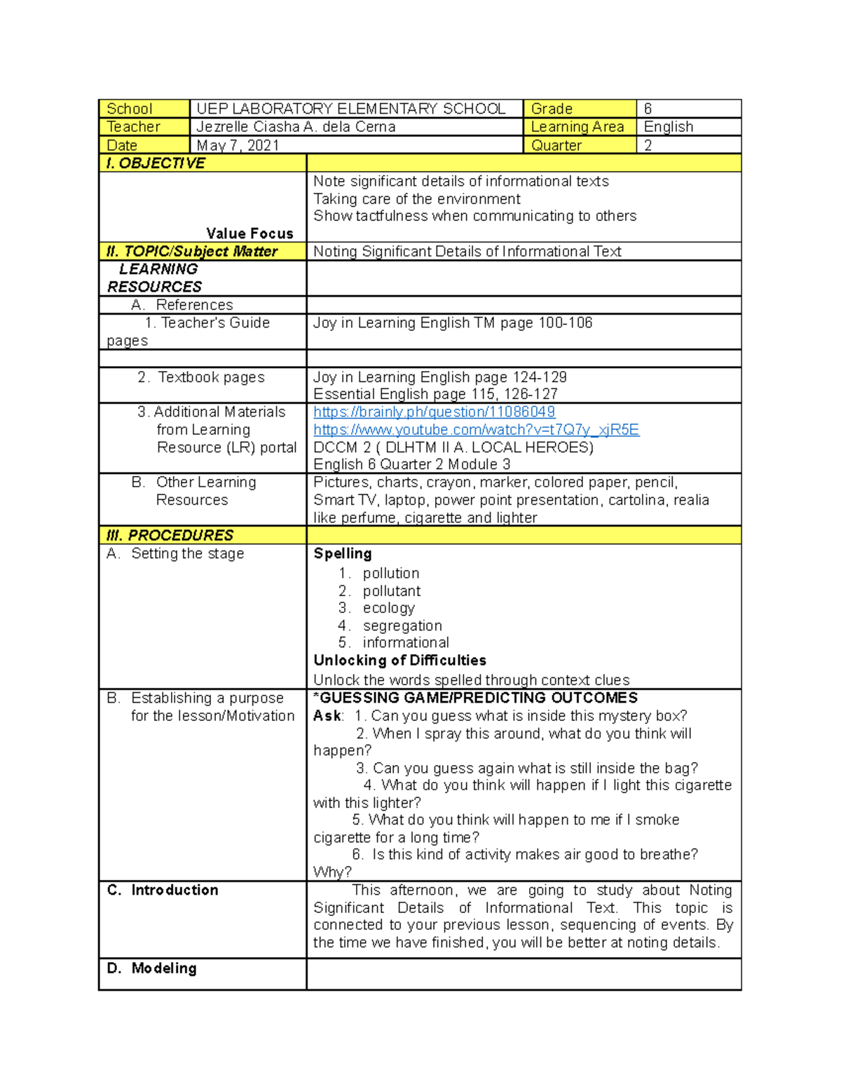 Explicit Lesson Plan on Noting Details in Informational Text (Eng 6 ...