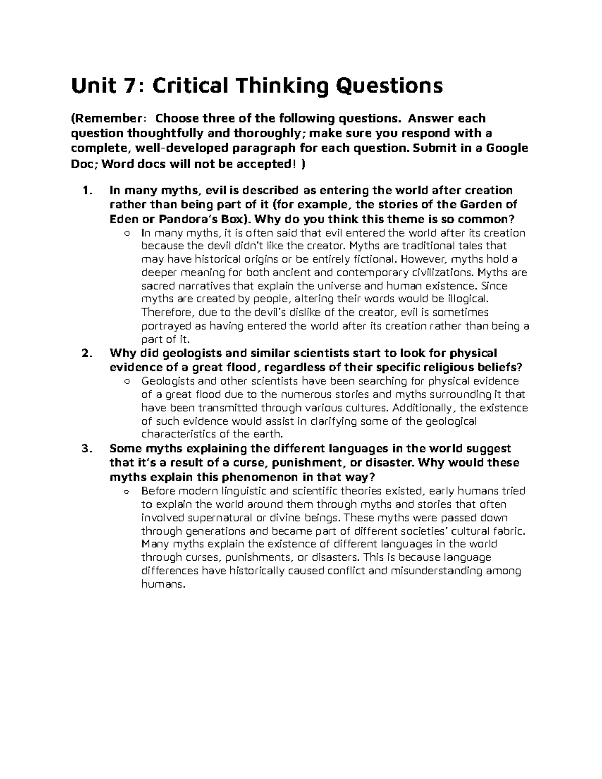 Unit 7 Critical Thinking Responses: Myths and Human Experience - Studocu