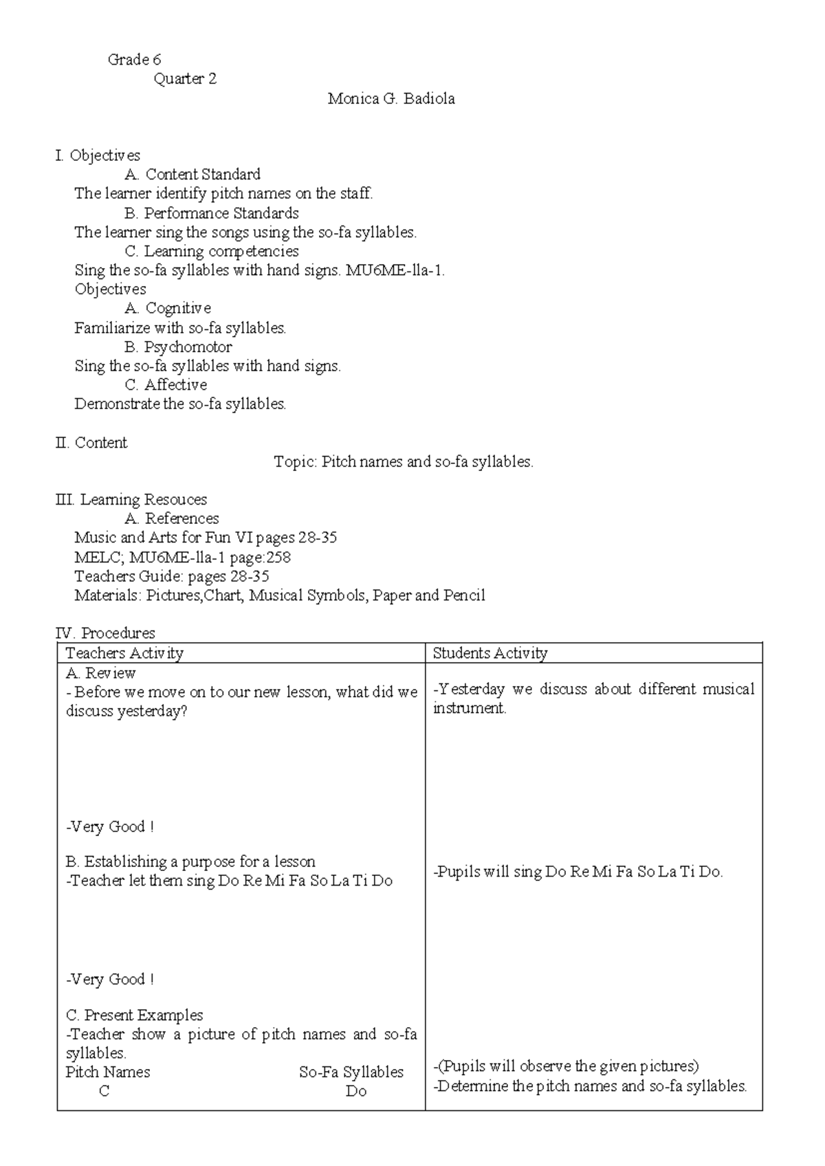 GRADE 6 MUSIC LESSON PLAN: PITCH NAMES & SO-FA SYLLABLES - Studocu