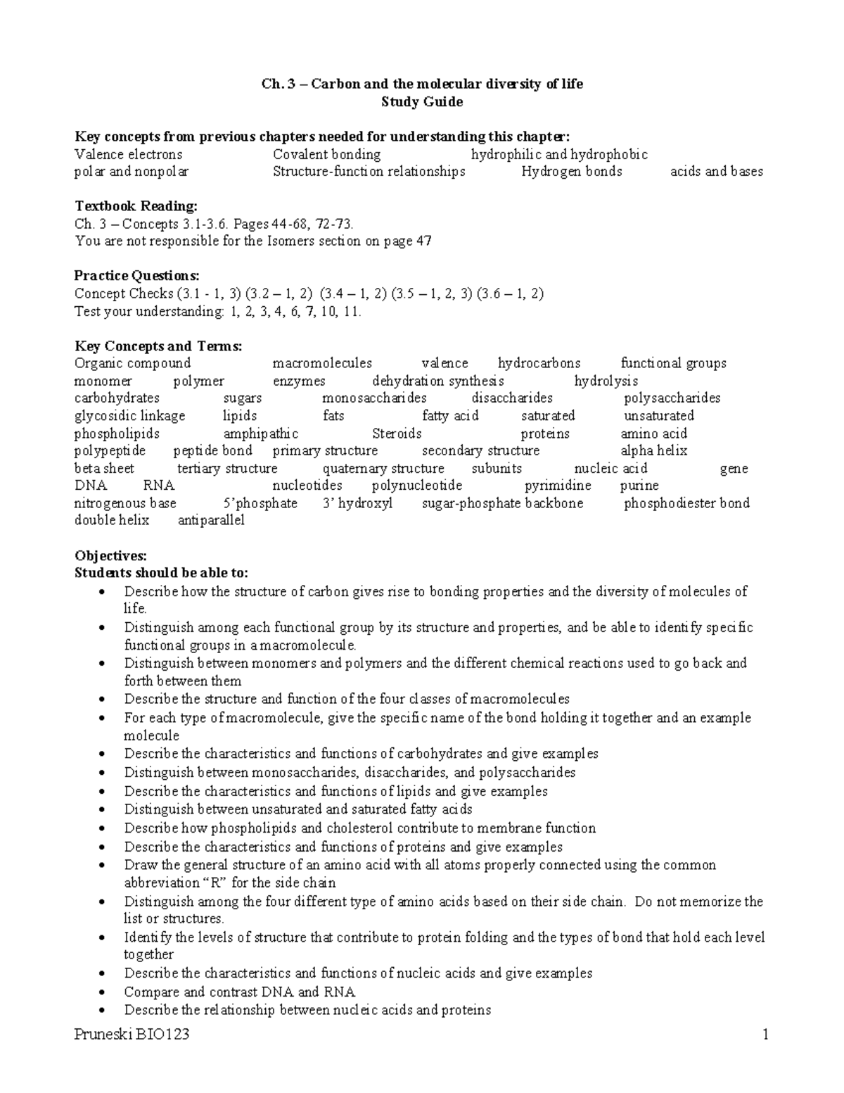 BIO123 Ch. 3 Study Guide: Carbon & Molecular Diversity of Life - Studocu
