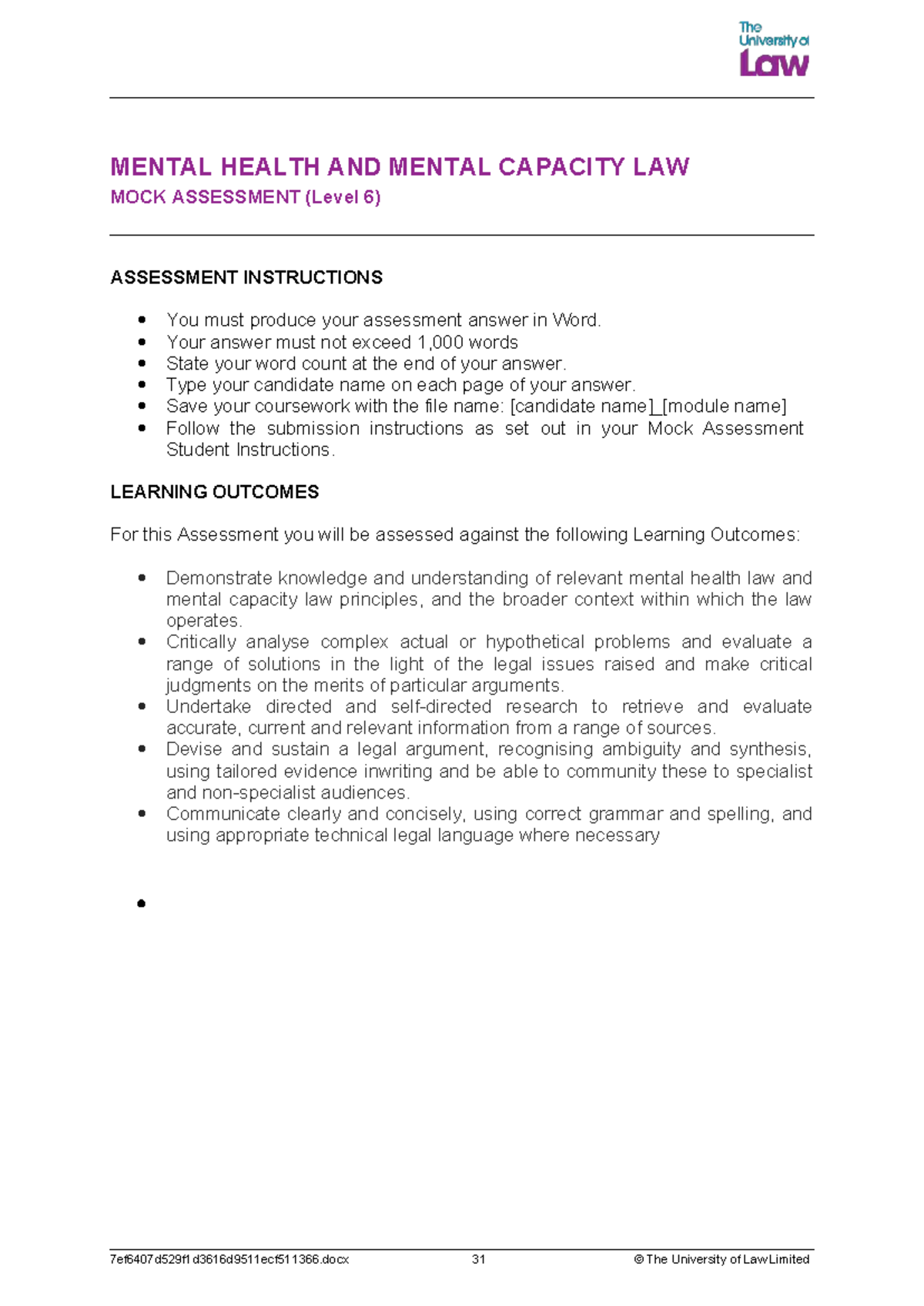 MENTAL HEALTH & CAPACITY LAW MOCK ASSESSMENT (Level 6) - Studocu