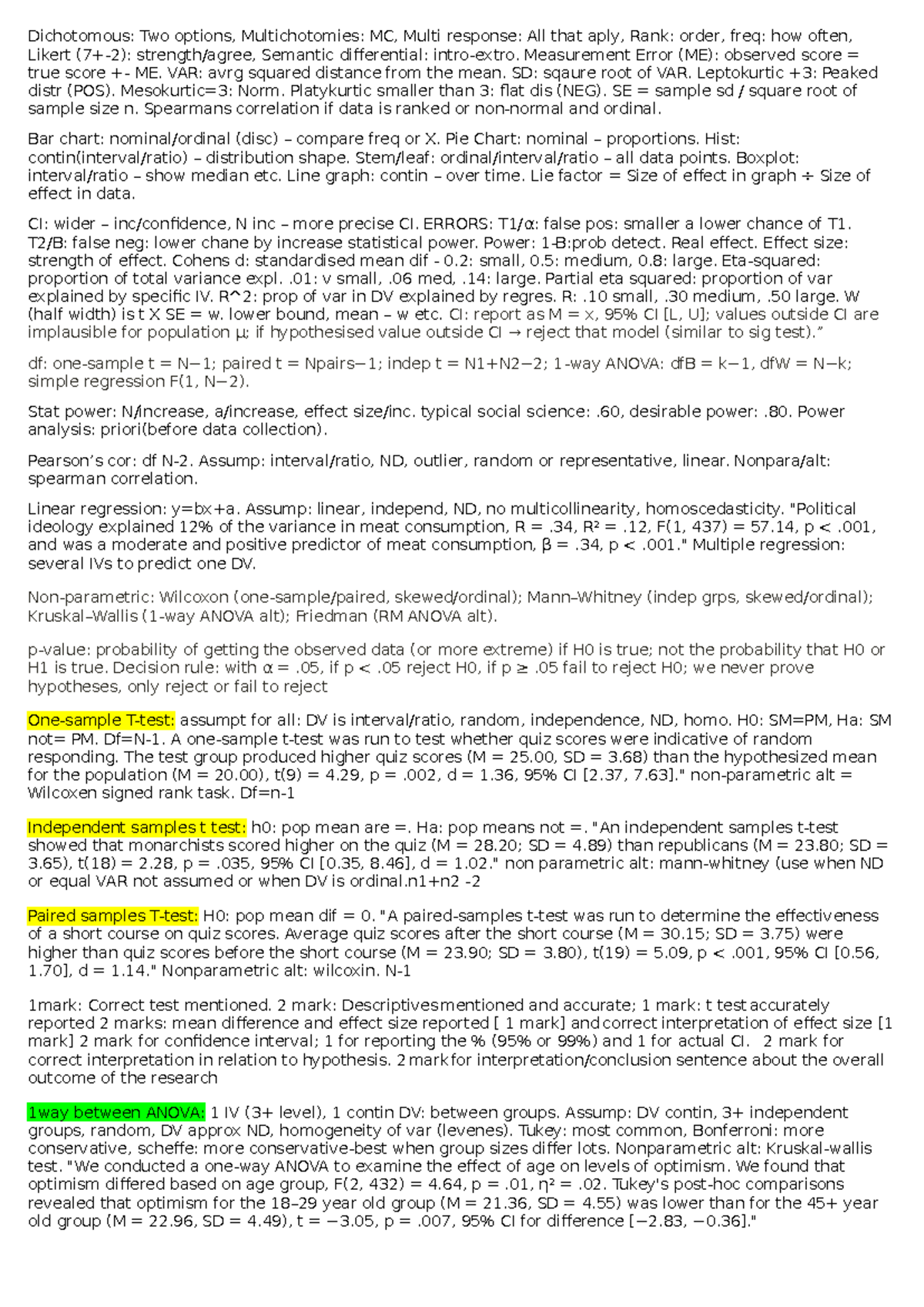 PSYC2009: Comprehensive Notes on Statistical Analysis Techniques - Studocu