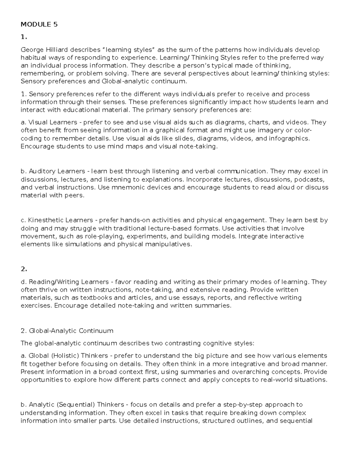 PED-5-1: Understanding Thinking Styles and Multiple Intelligences - Studocu