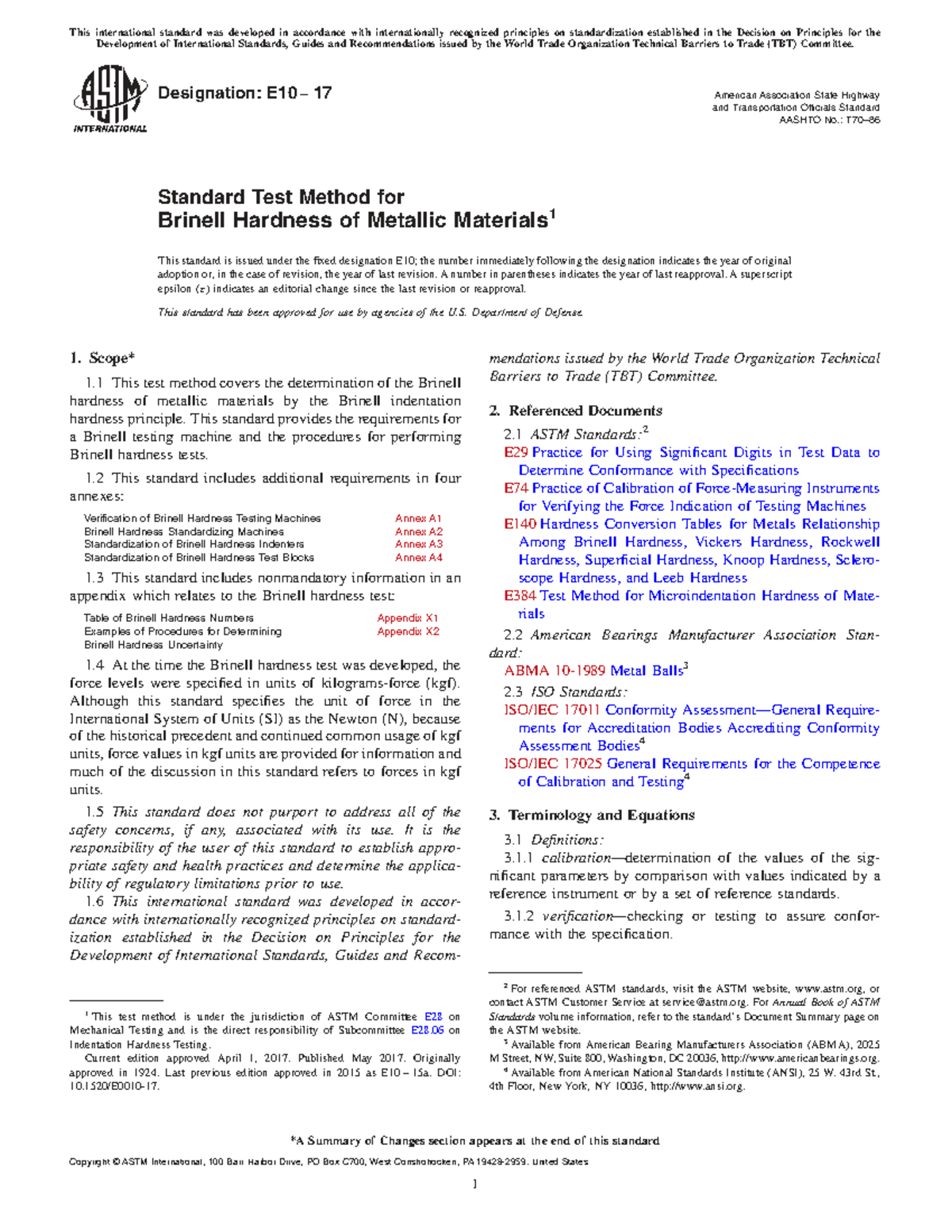 ASTM E10-17: Standard Test Method for Brinell Hardness of Metals - Studocu