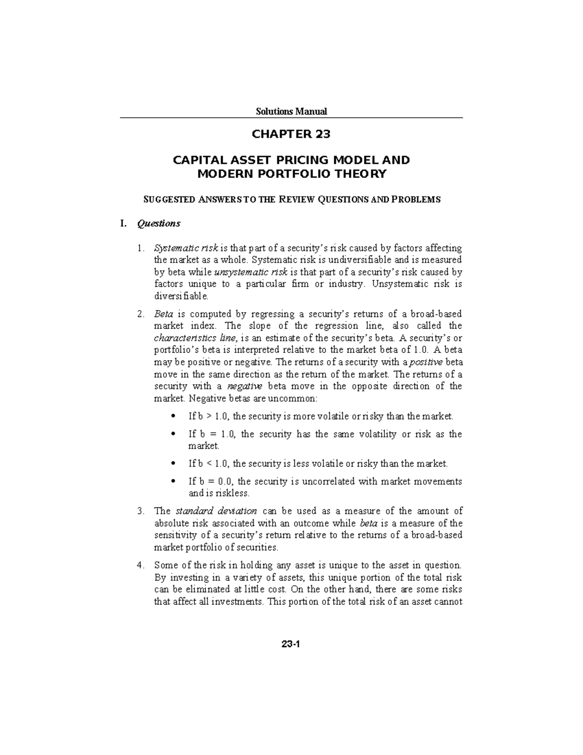 Chapter 23 Solutions: Capital Asset Pricing Model & Portfolio Theory ...