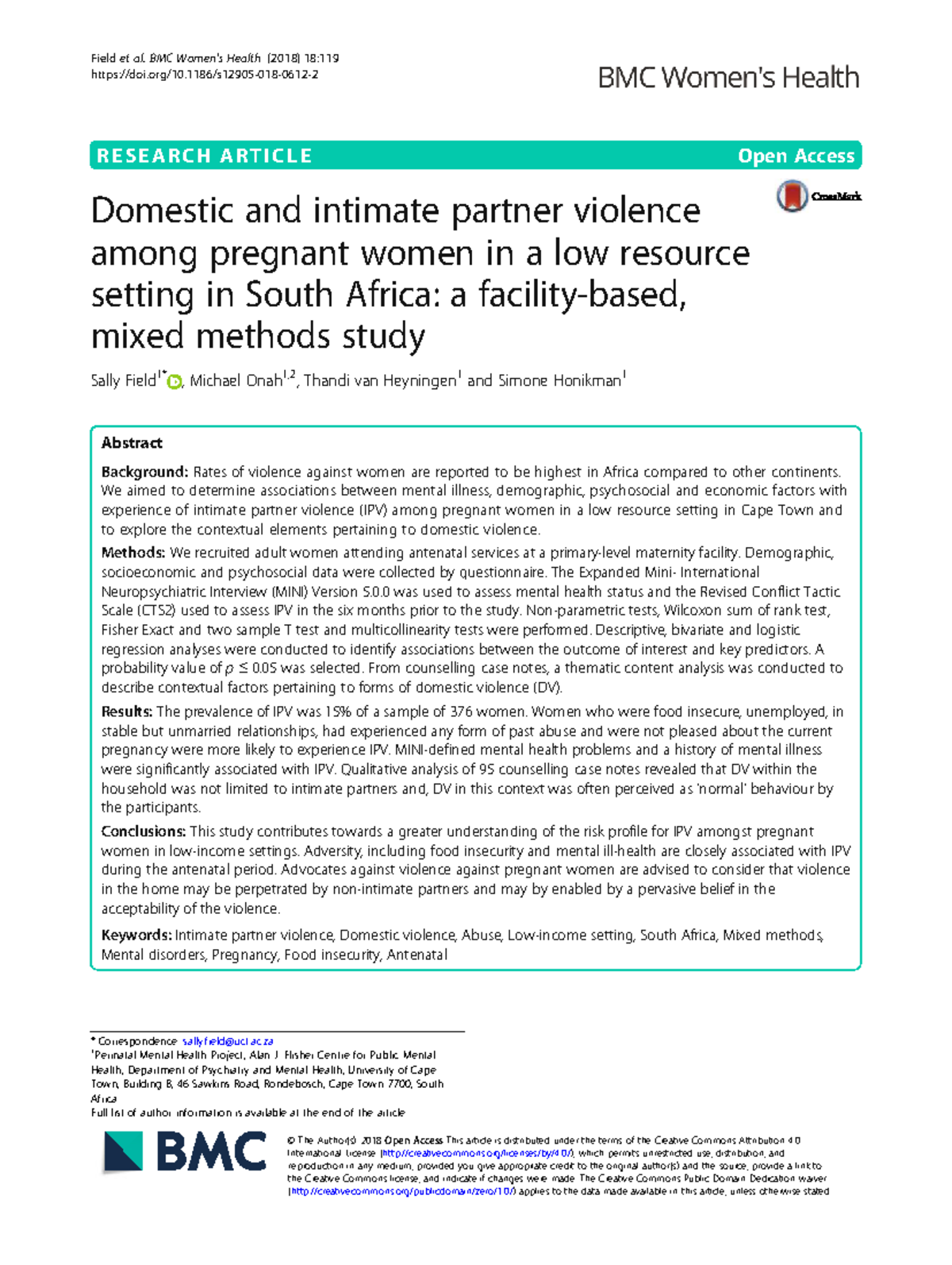 Domestic Violence in Pregnancy: A Study of Pregnant Women in South ...