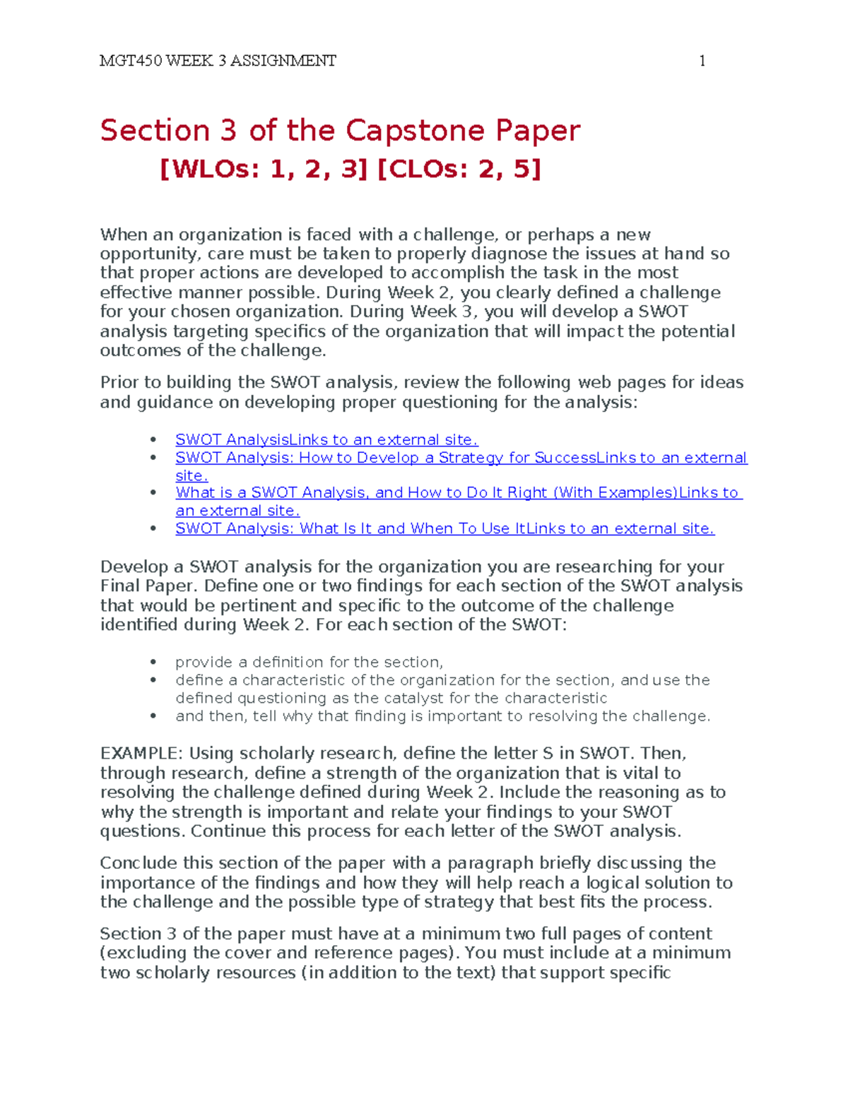 MGT450 Week 3 Assignment: SWOT Analysis for Capstone Paper - Studocu