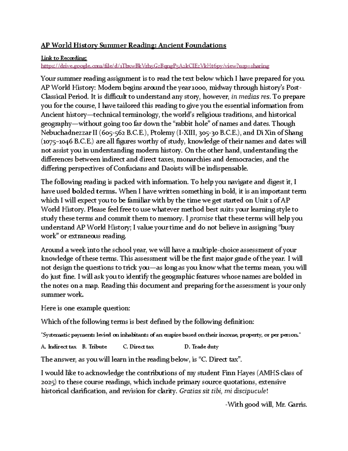 APWH Summer Reading Assignment: Understanding Ancient Foundations - Studocu