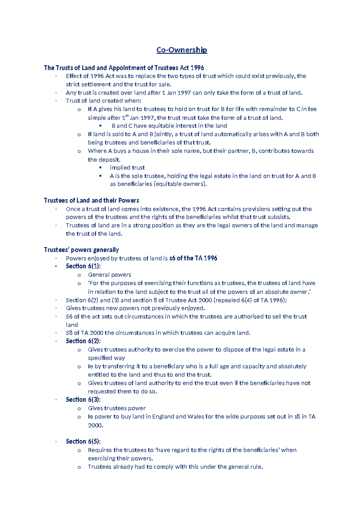 Co-ownership - land law notes on Co-ownership - Co-Ownership The Trusts ...