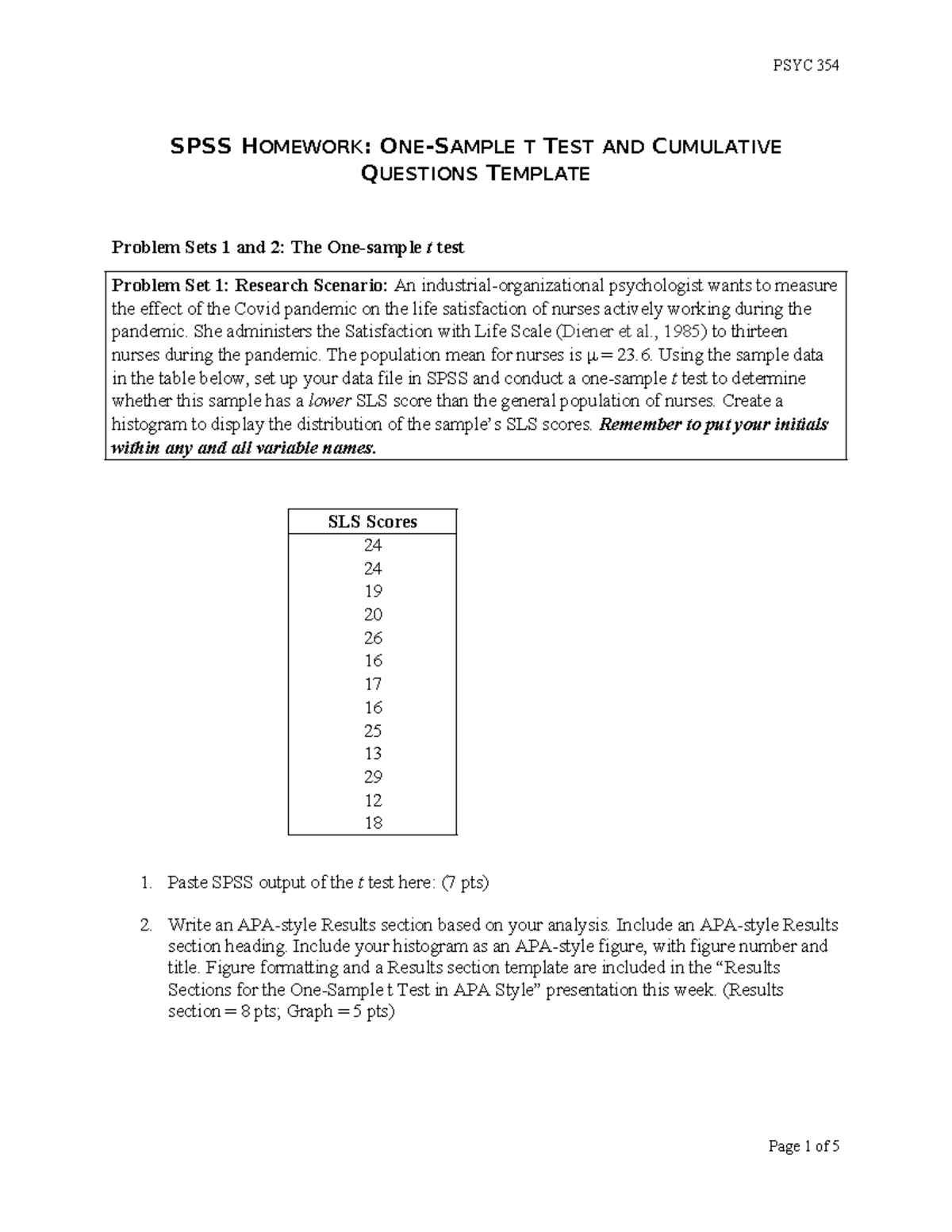 SPSS Homework One Sample t Test and Cumulative Questions Template ...