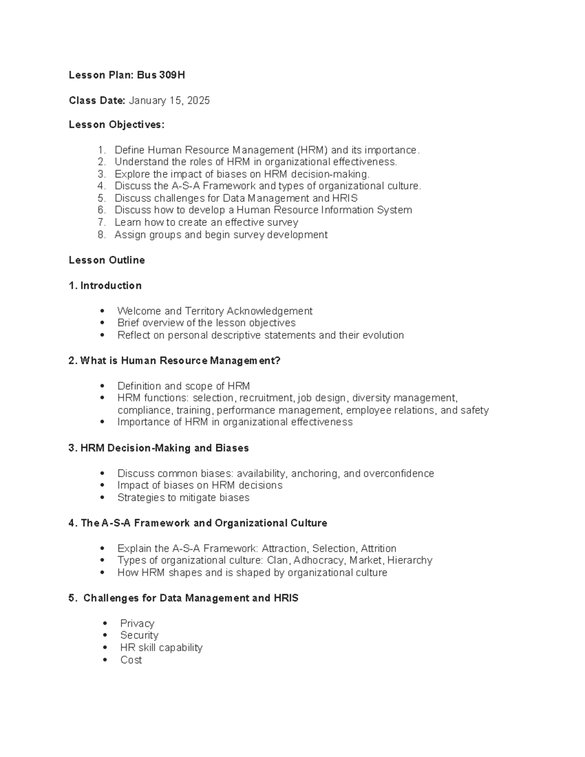 Lesson Plan Week 2 - Lesson Plan: Bus 309H Class Date: January 15, 2025 ...