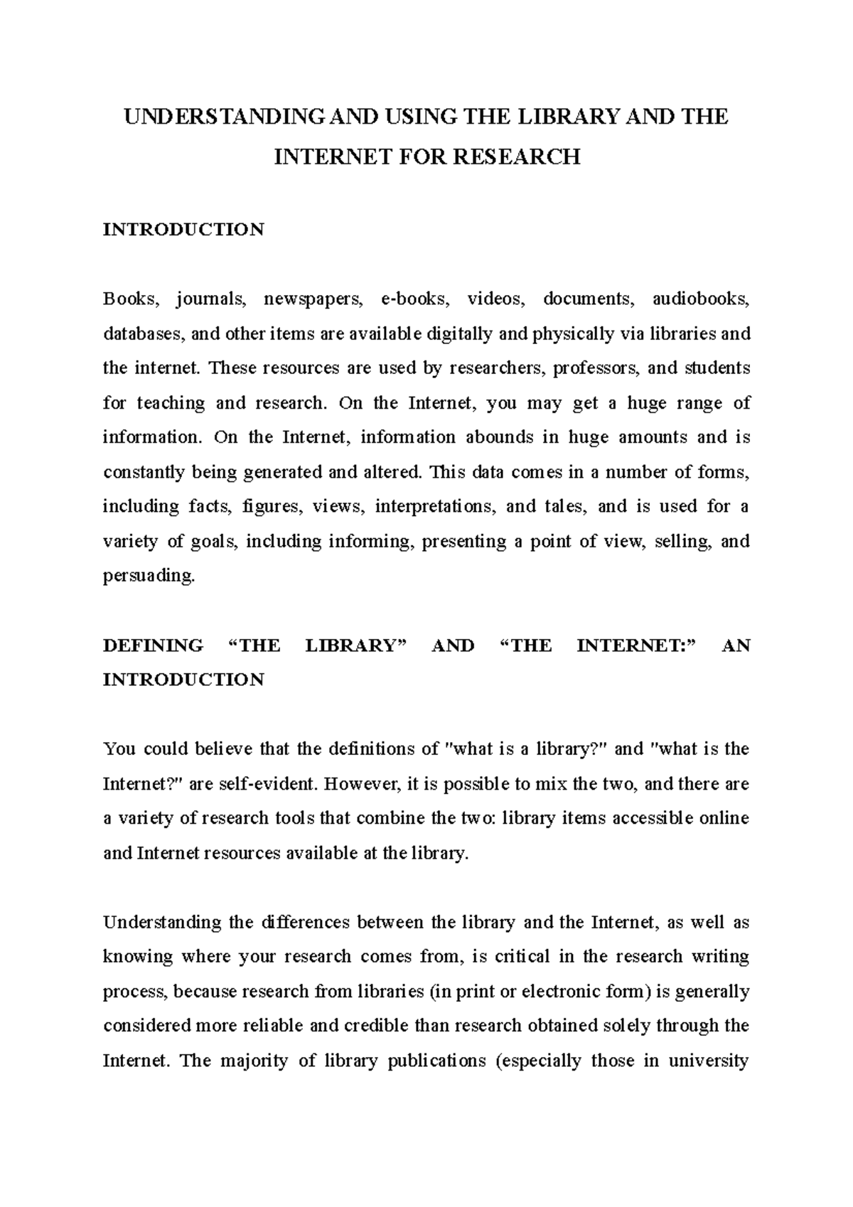 Understanding AND Using THE Library AND THE Internet FOR Research ...