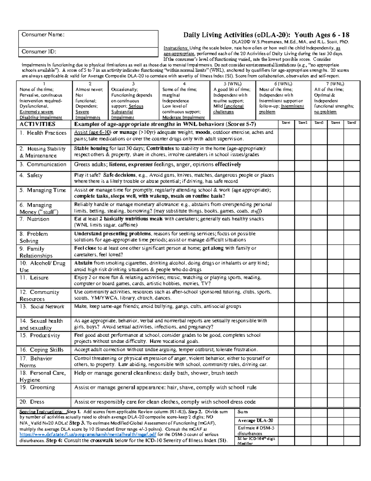 DLA-20 Assessment of Daily Living Activities for Youth (Ages 6-18 ...