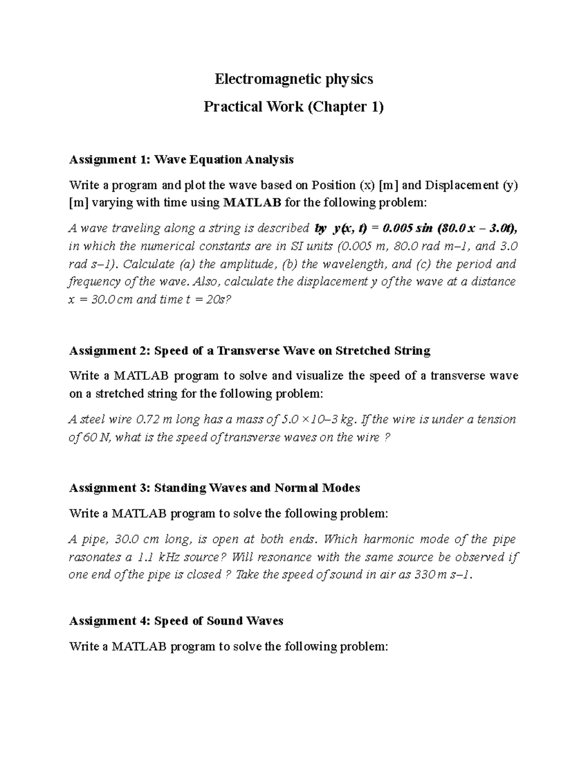Electromagnetic Physics (PHYS101) Practical Work: Wave Equation ...