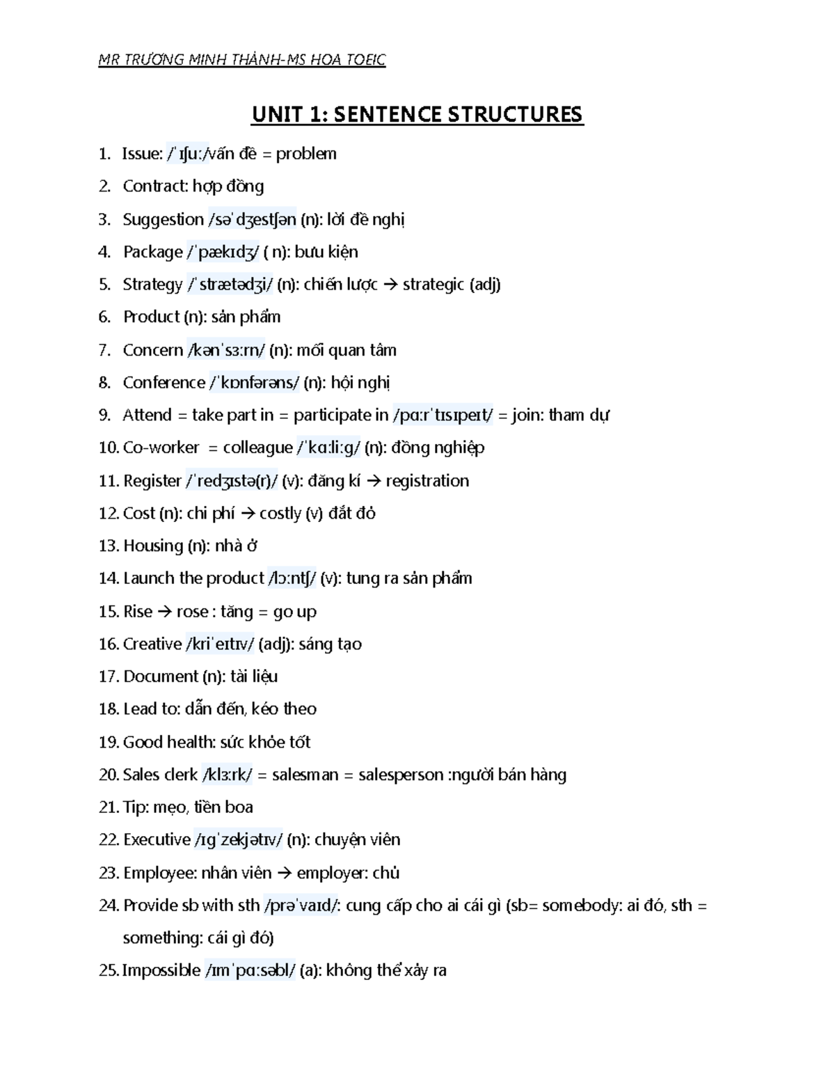 Unit 1 Sentence Structure Vocabulary (TOEIC) - Studocu