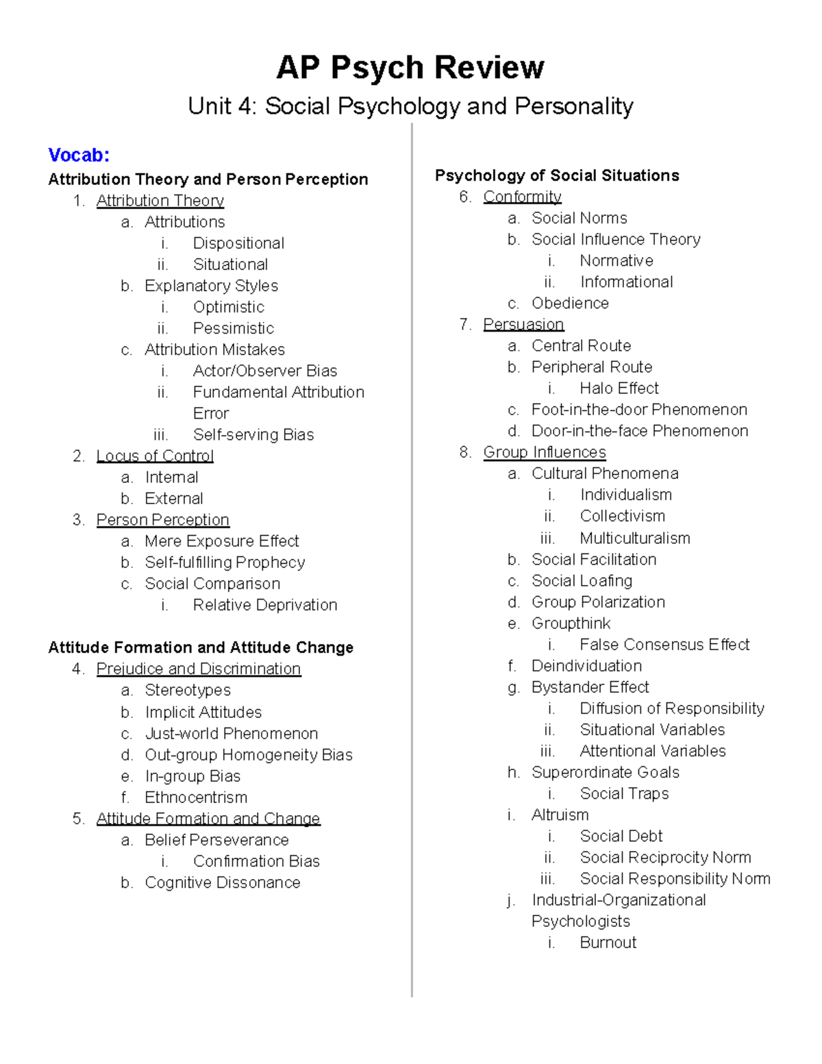 AP Psych Review - Unit 4: Social Psych & Personality Theories - Studocu