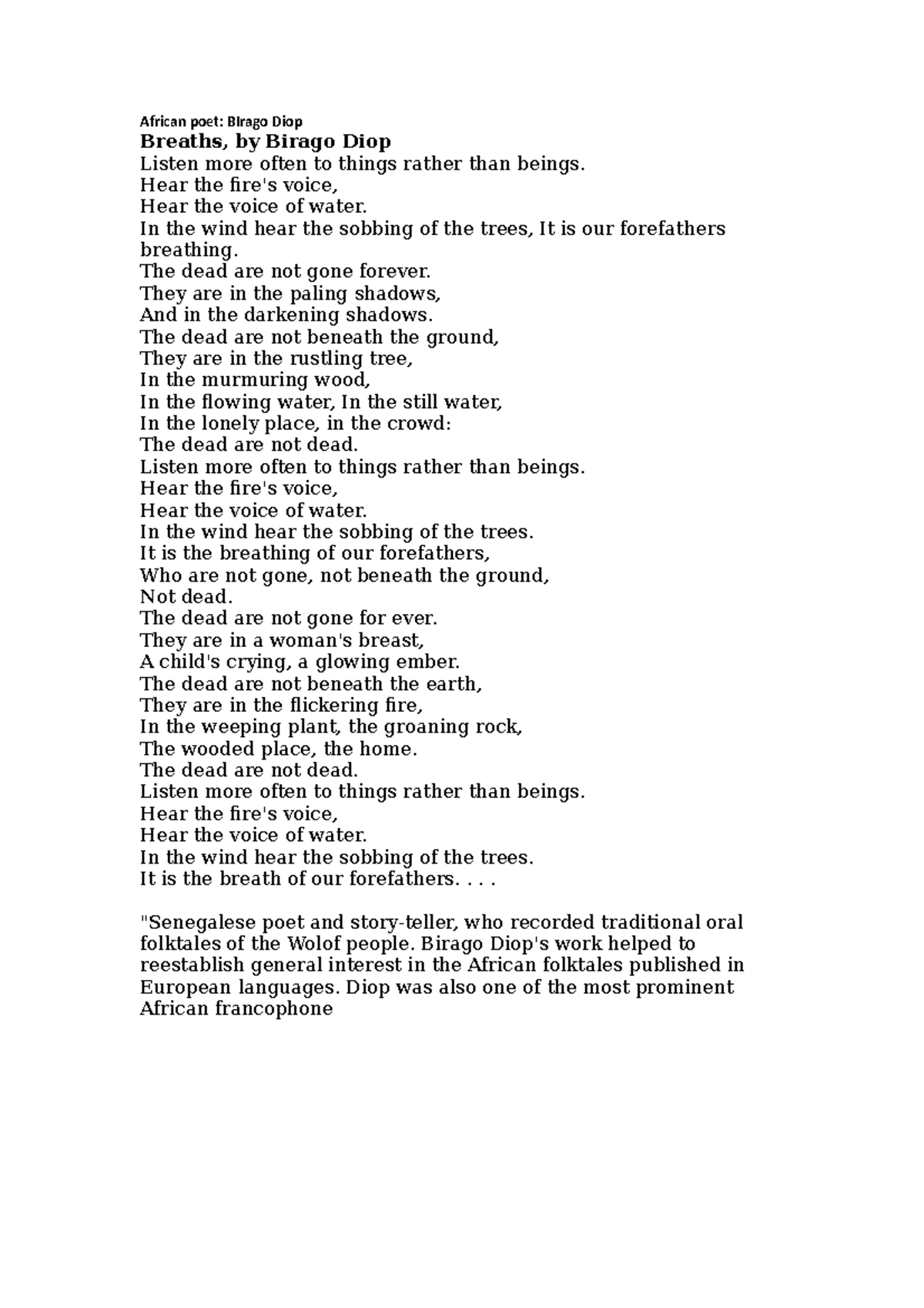 African Poems: Breaths by Birago Diop - Understanding the Legacy - Studocu