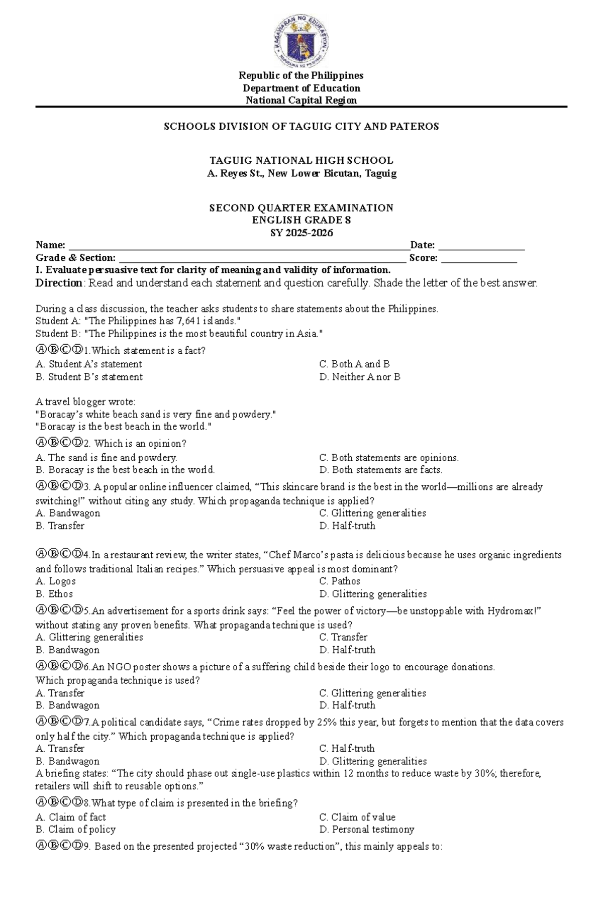 Grade 8 English Second Quarter Exam: Evaluating Persuasive Texts - Studocu