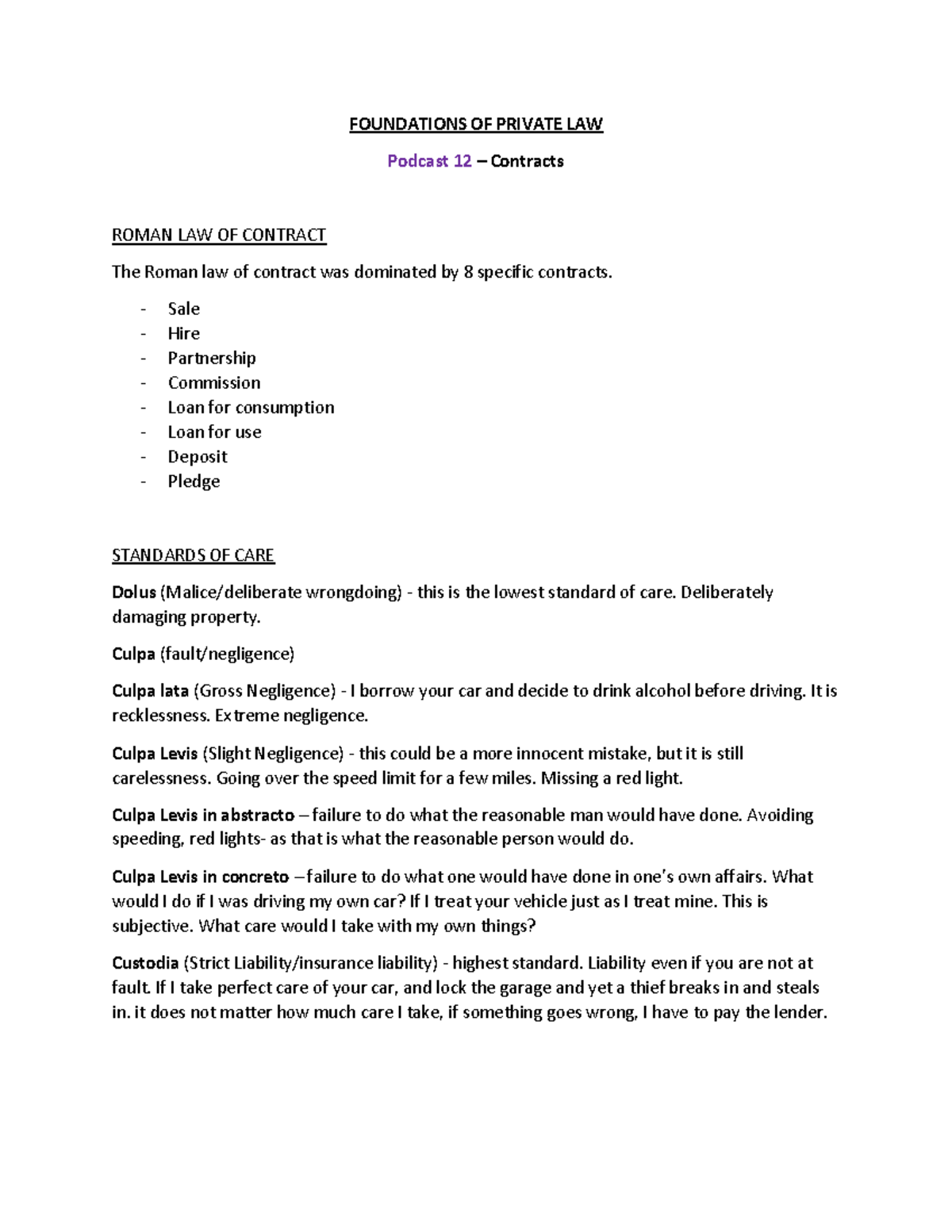 Contracts (Mutuum, Commodatum, Depositum, Pledge) - FOUNDATIONS OF ...