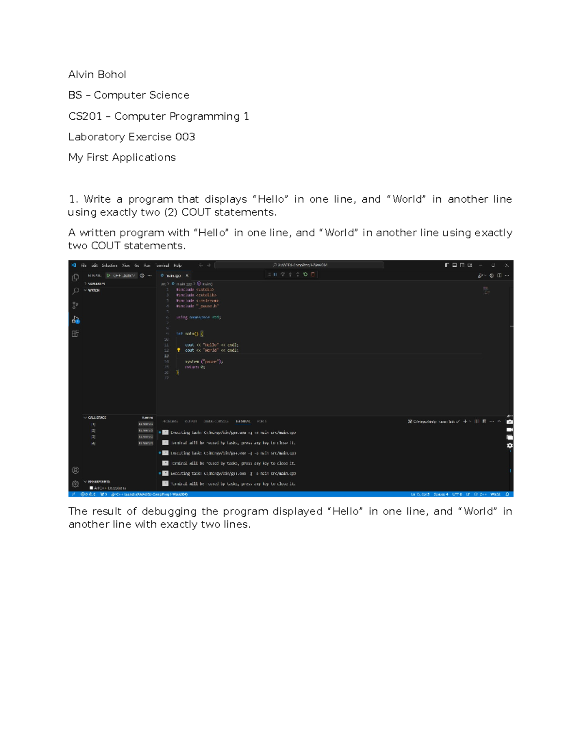 Laboratory Exercise 003 - Alvin Bohol BS – Computer Science CS201 ...